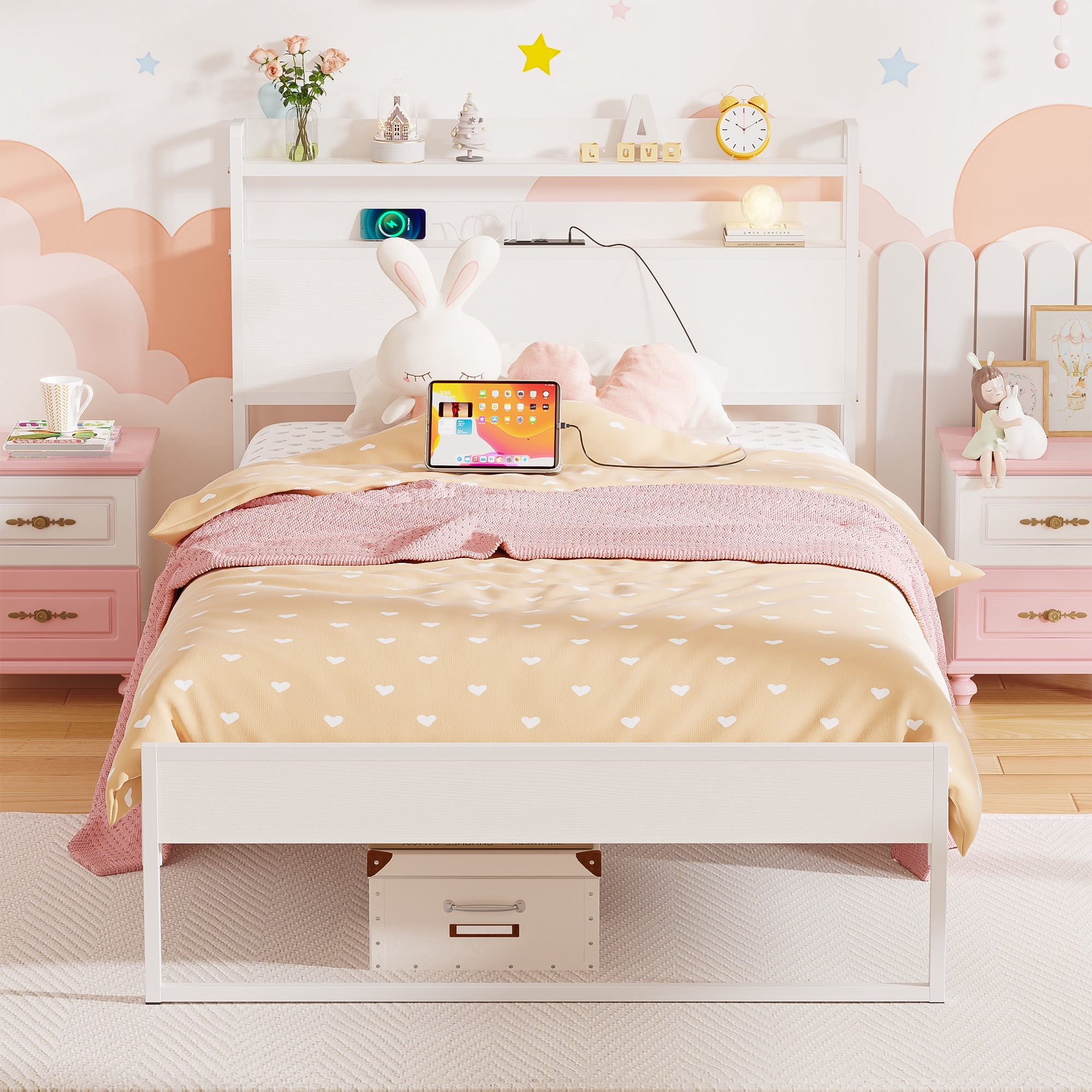 Mintazer Power Outlet Twin Metal Platform Bed Frame with 2-Tier Storage ...