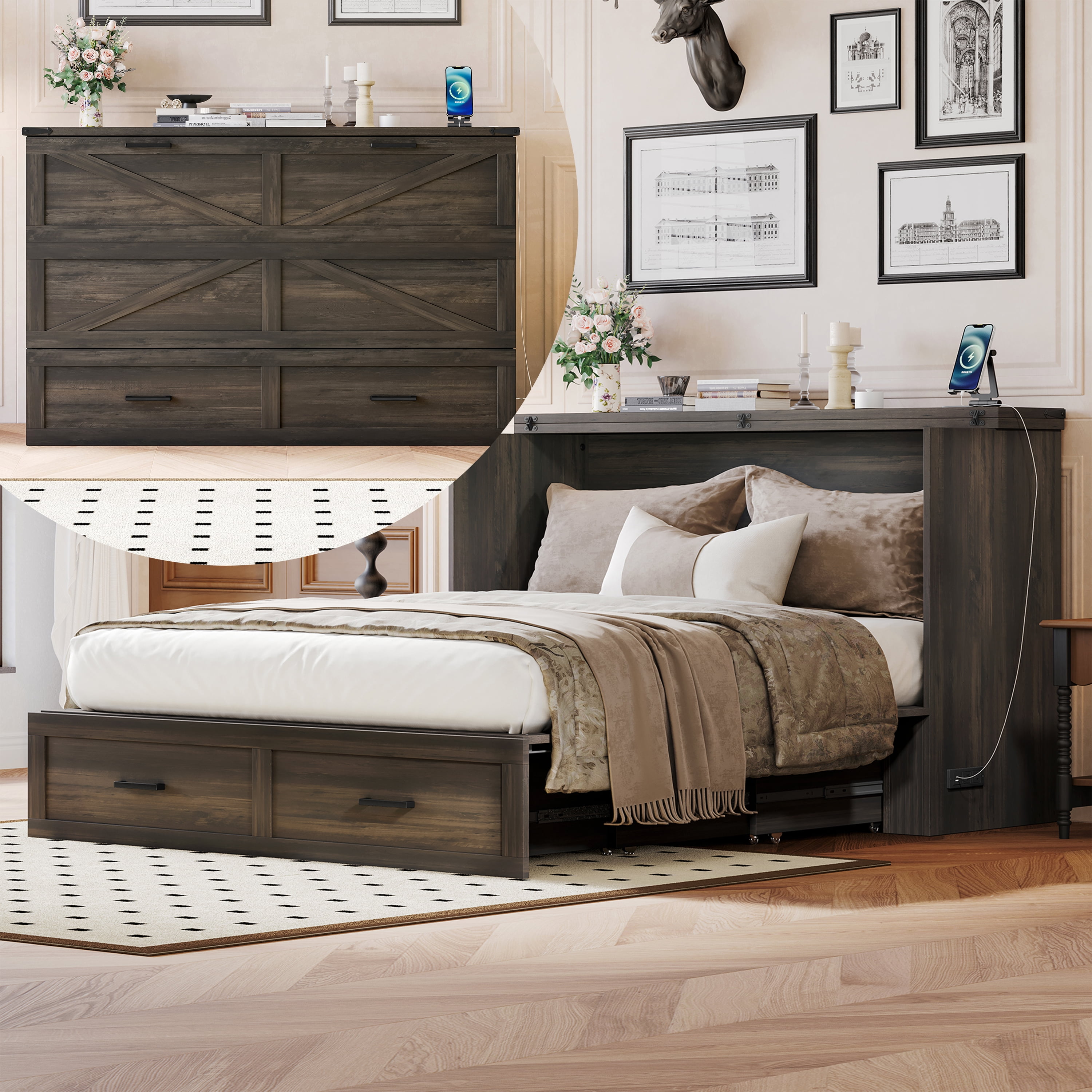 Mintazer Queen Farmhouse Murphy Cabinet Bed with Charging Station ...
