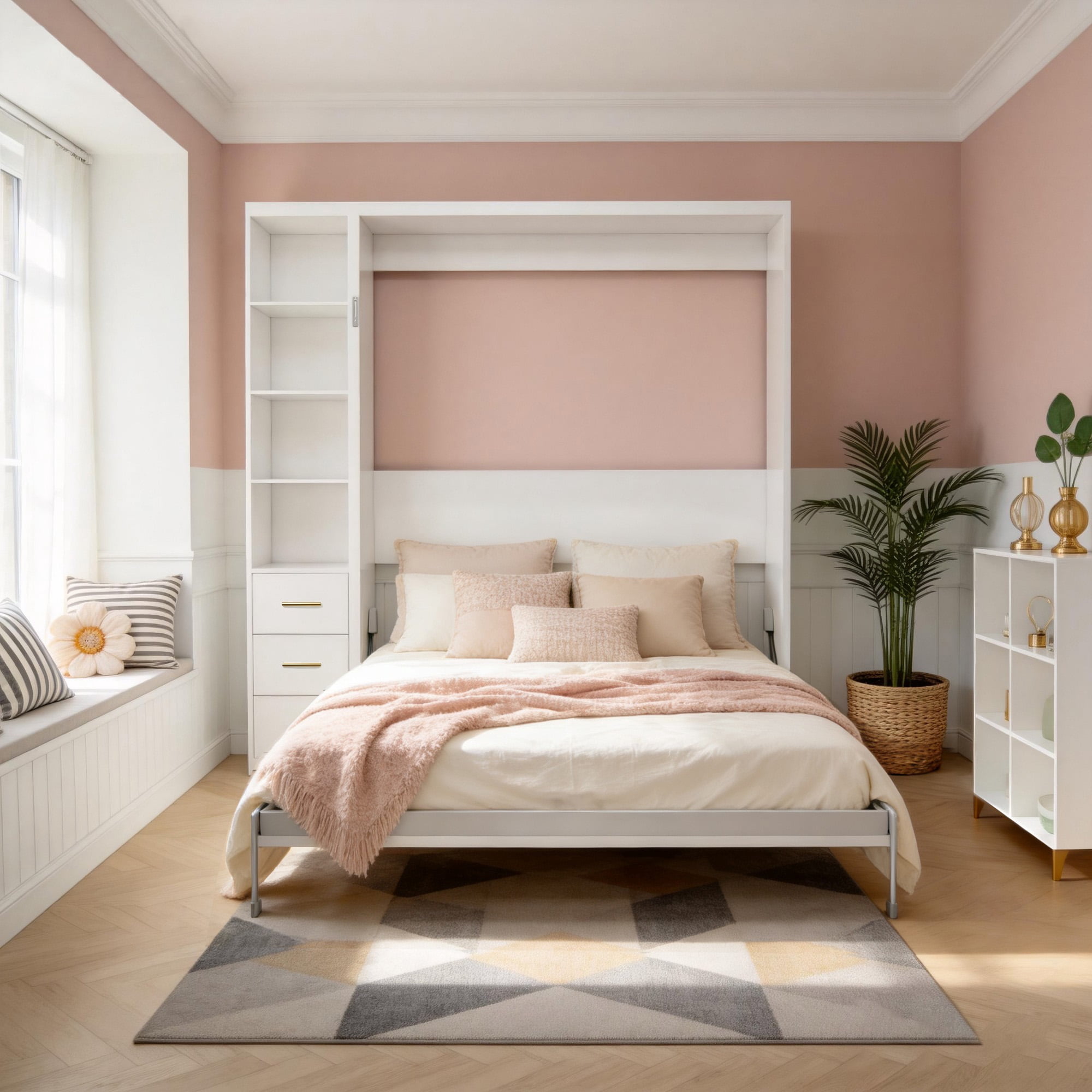 Mintazer Queen Size Murphy Bed with Single Side Cabinet Shelves and ...