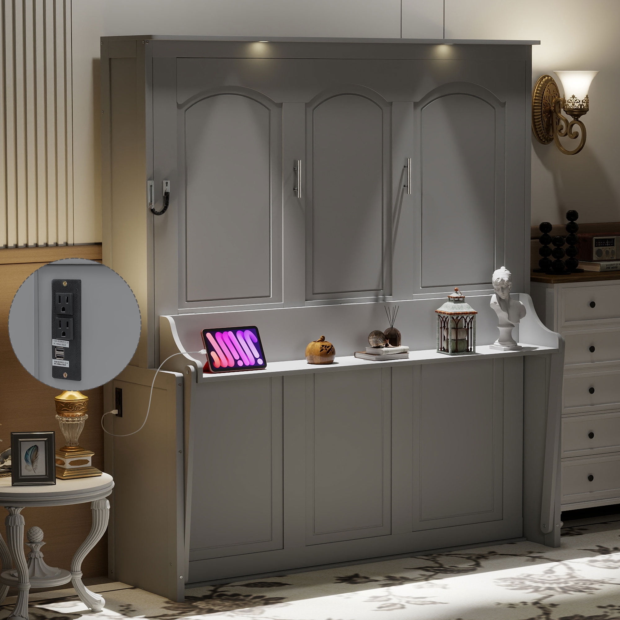 Mintazer Queen Size Murphy Bed with Desk and LED Lights & USB Charging ...