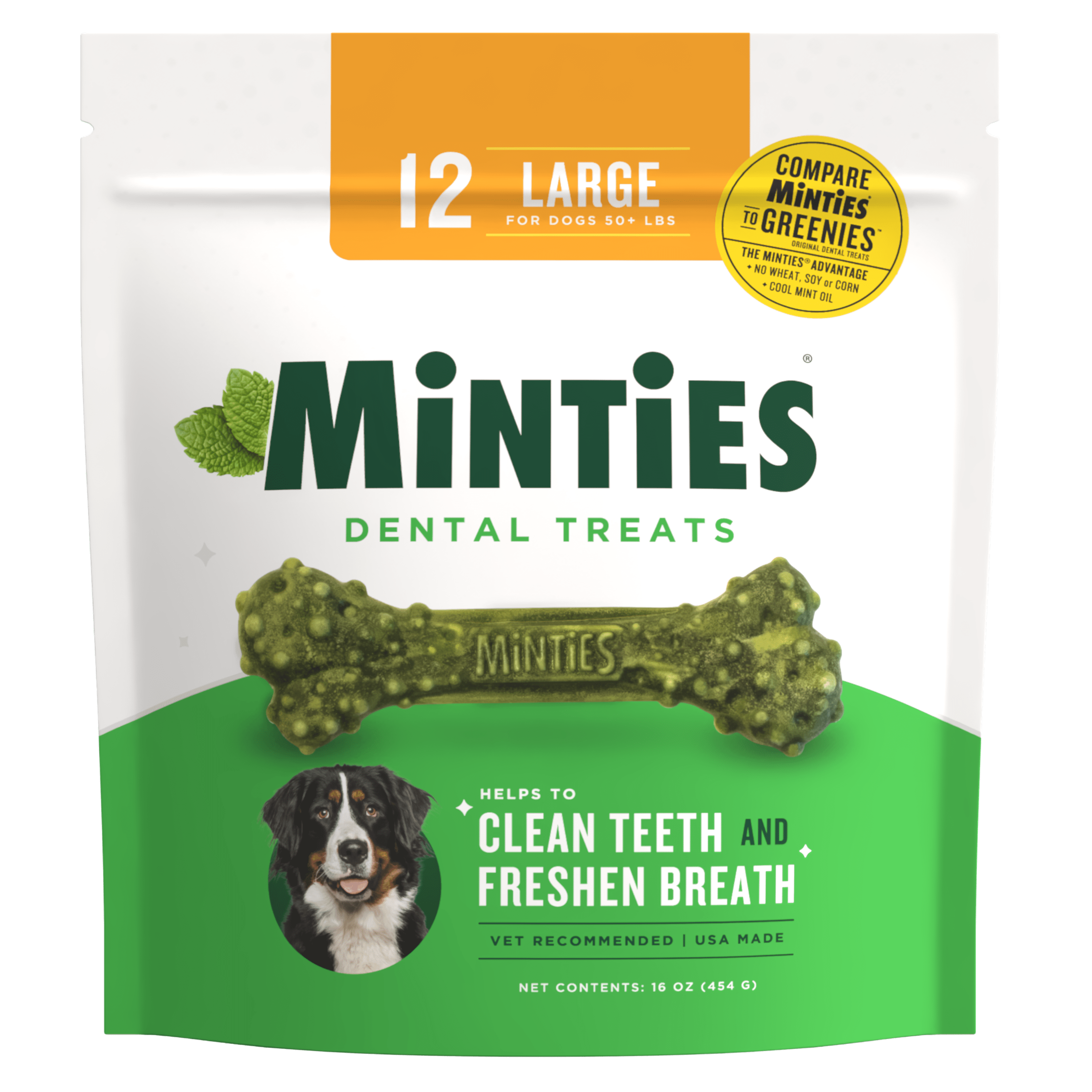 Minties Dental Bone Treats, Chews for Large Dogs over 50 lbs, 12 Count ...