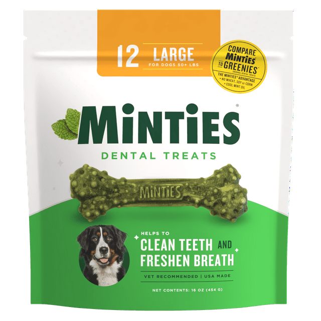 Minties Dental Bone Treats, Chews for Large Dogs over 50 lbs, 12 Count ...