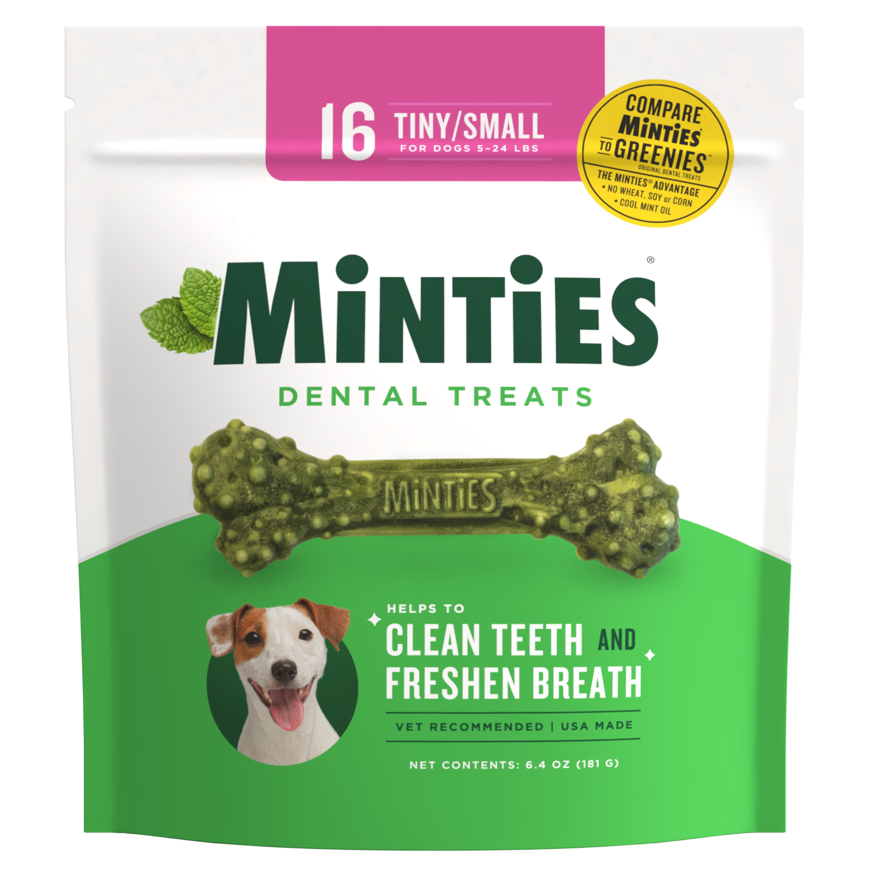 Minties Dental Bone Treats, Chews for Tiny/Small Dogs 5-24 lbs, 16 ...
