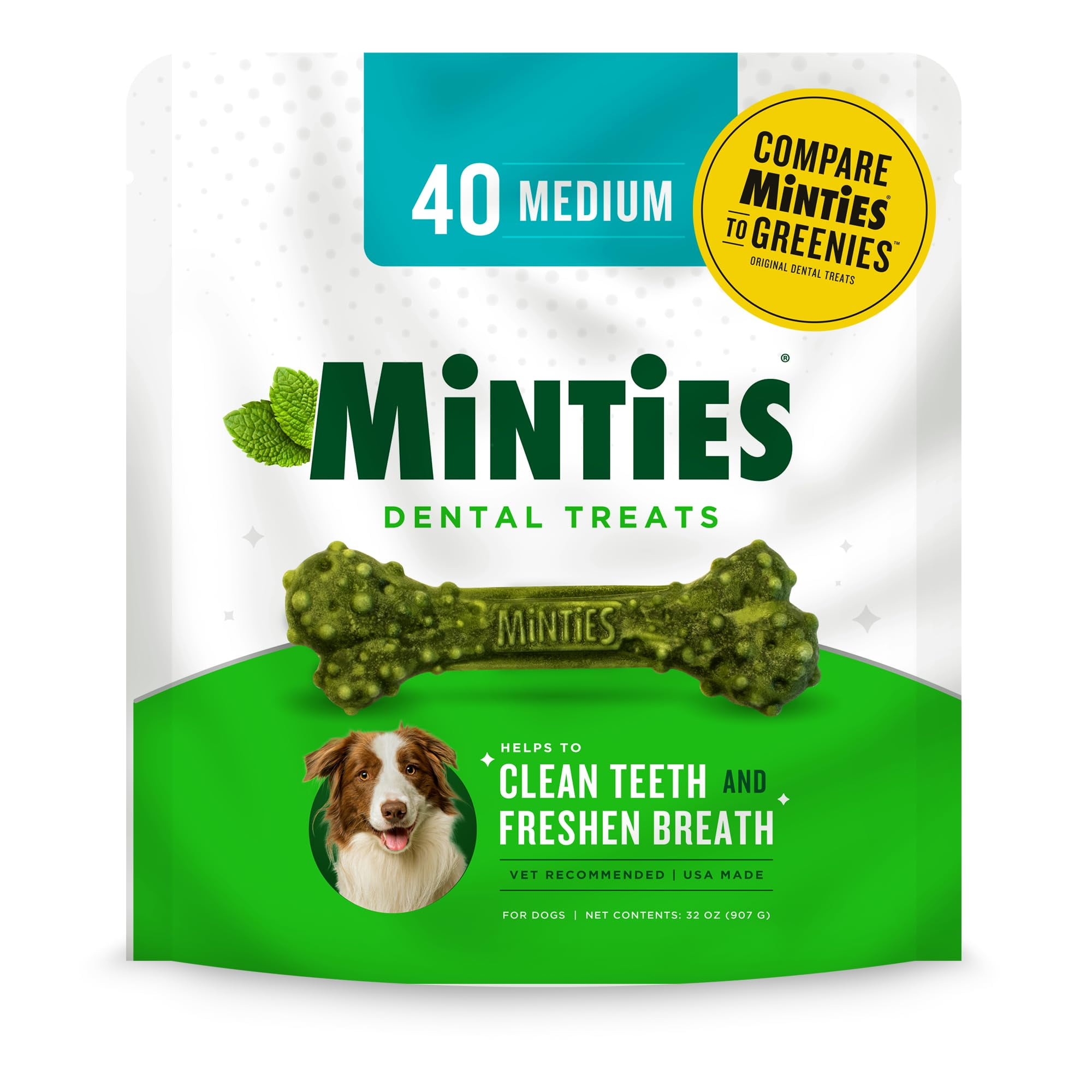 Minties Dental Chews for Dogs, 40 Count, Vet-Recommended Mint-Flavored ...