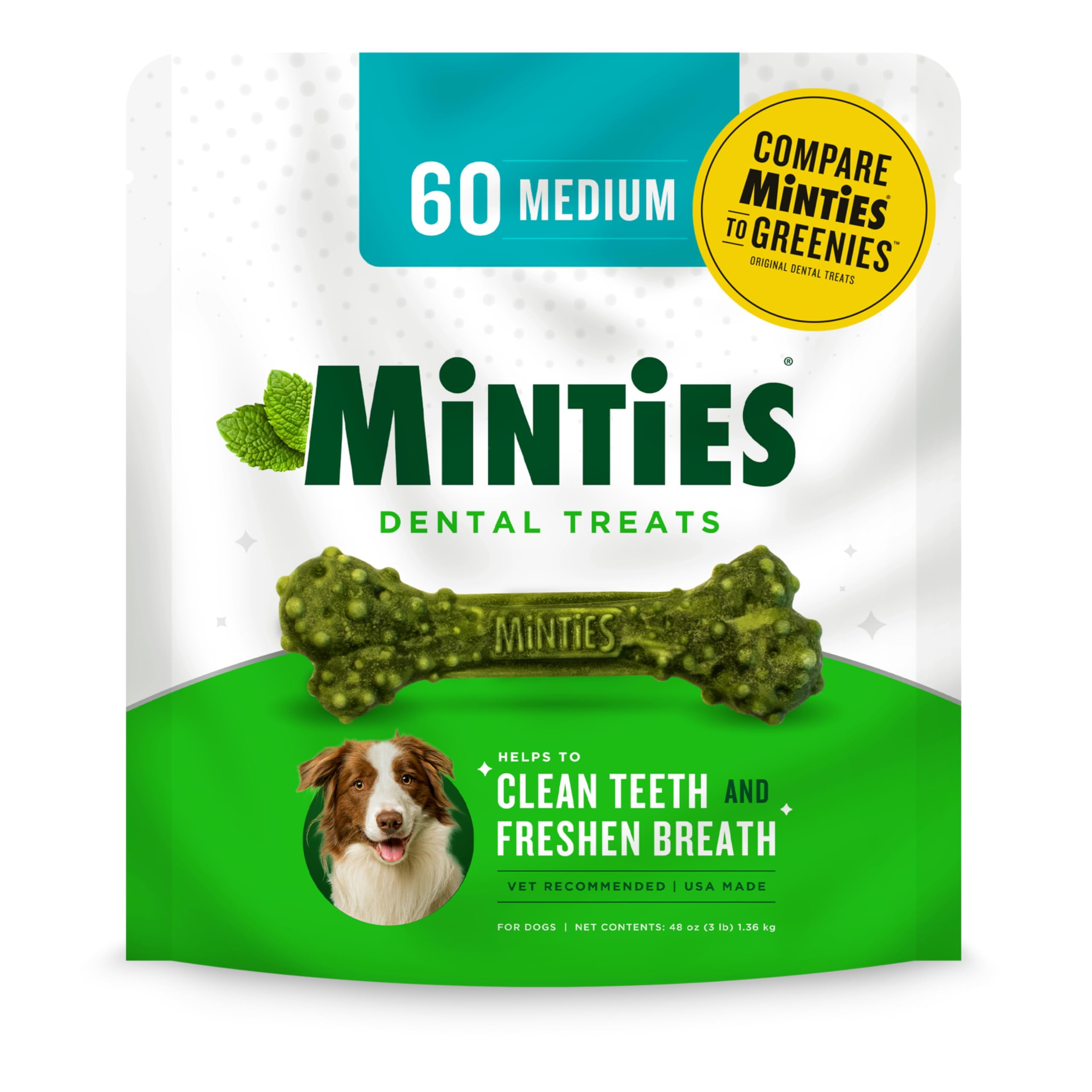 Minties Dental Chews for Dogs, 60 AIS1 Count, Vet-Recommended Mint ...
