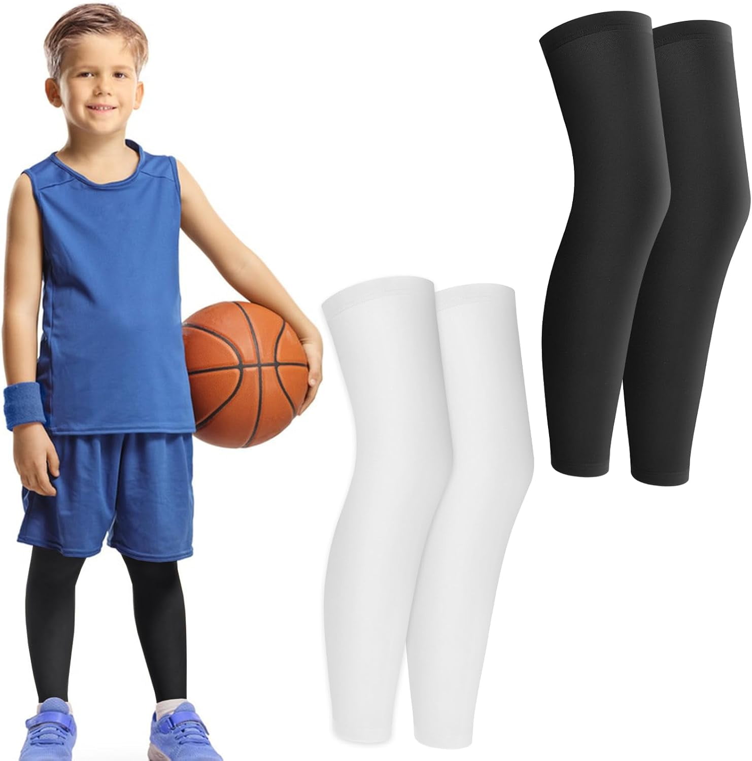 Minzimin 2 Pairs Kid Leg Sleeve, Black and White Long Compression Leg ...