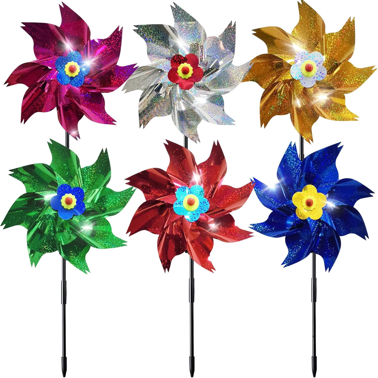 Minzimin Sparkly Reflective Pinwheels with Stakes, Wind Spinners ...