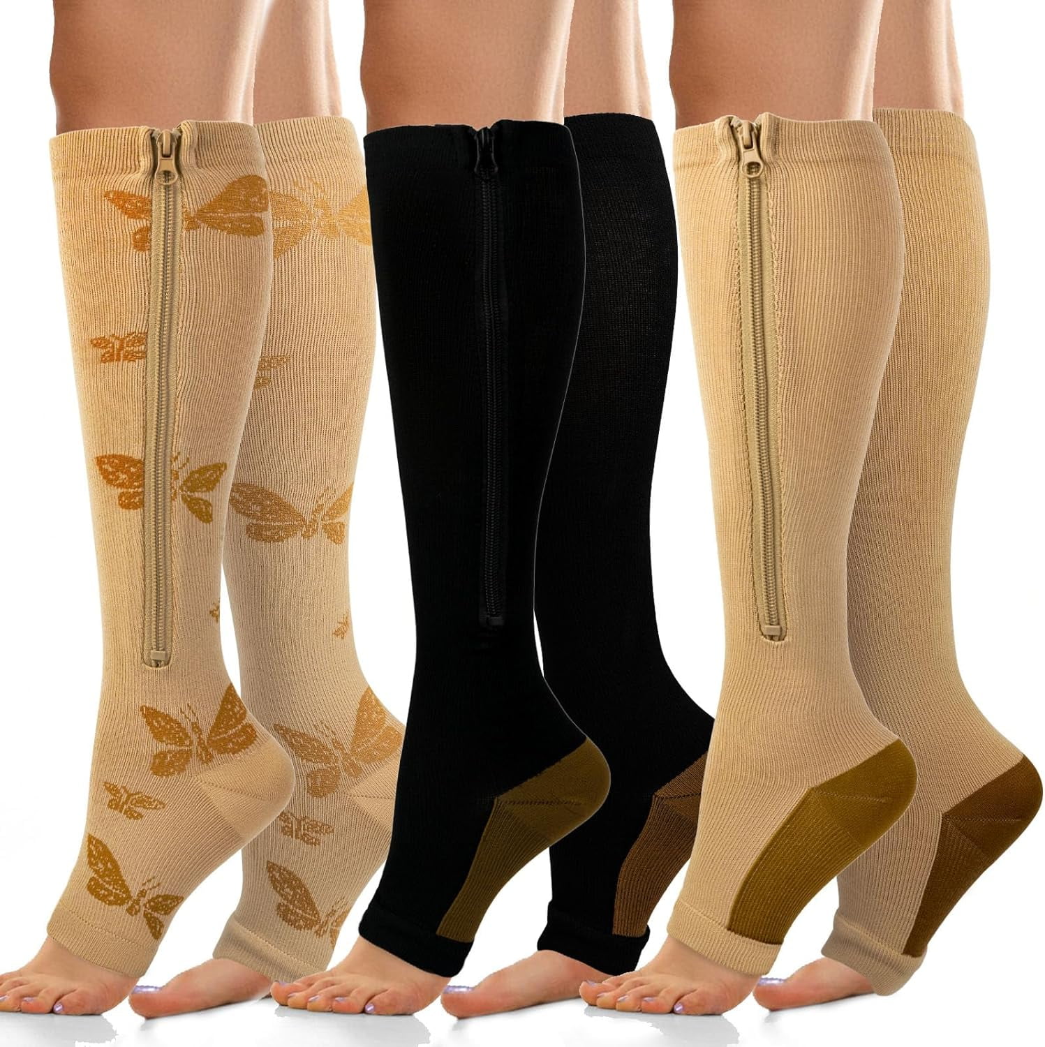 Minzimin Zipper Compression Socks Women & Men - 3Pairs 15-20mmHg Open ...