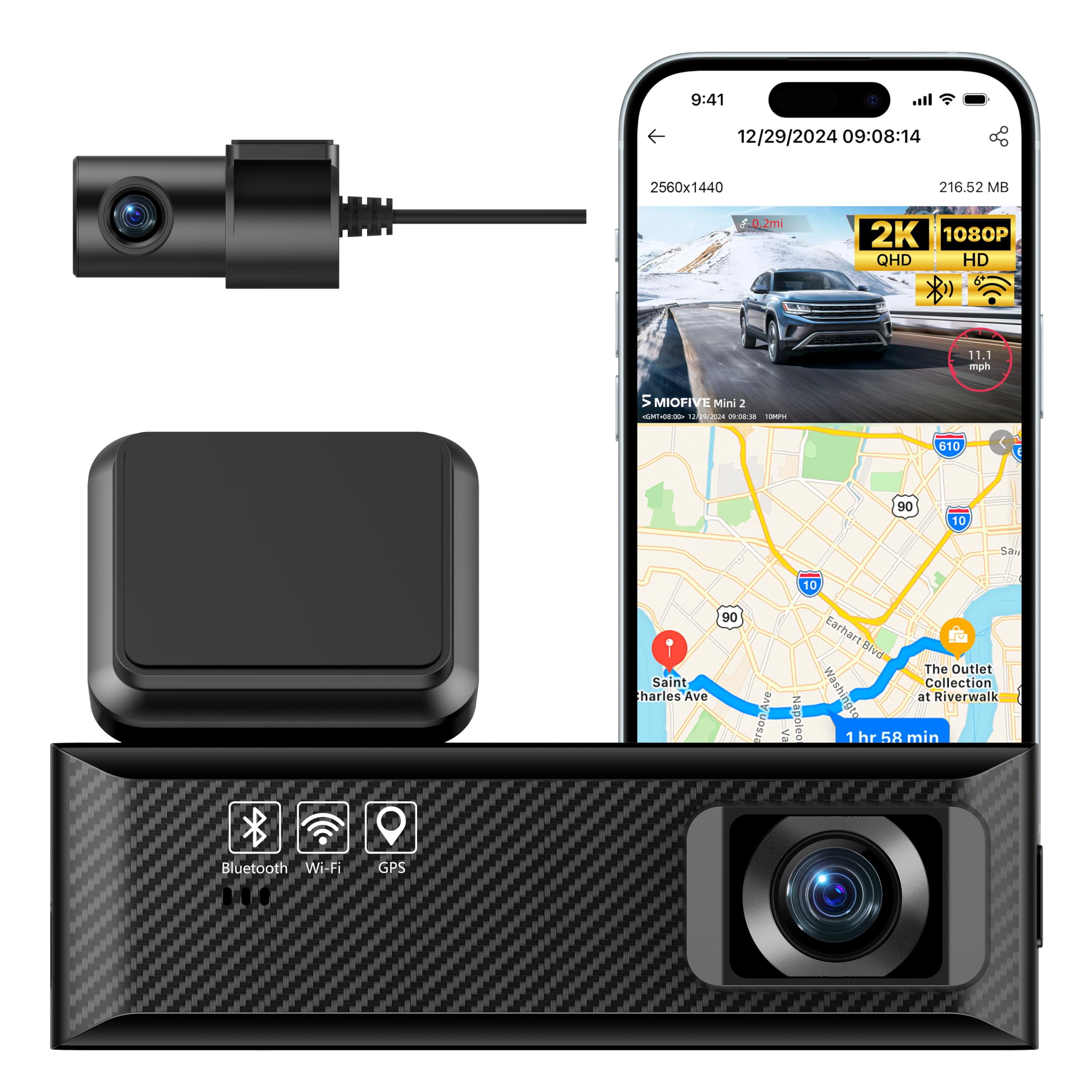 Miofive Dash Cam Mini 2, 2K+1080P FHD, Built-in Wi-Fi GPS Smart Dash ...