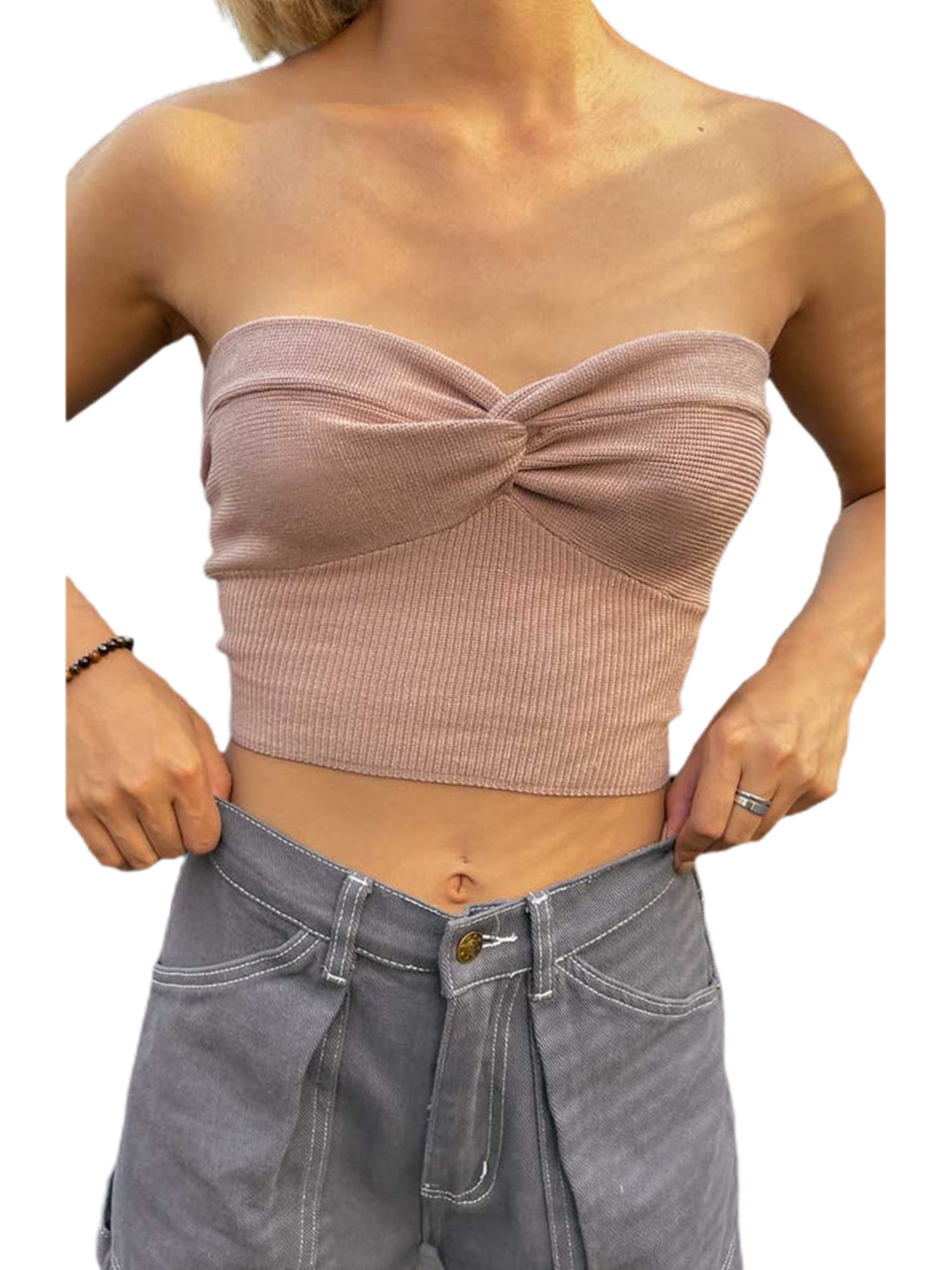 Mioliknya Womens Strapless Crop Top Sexy Sweetheart Neck Ribbed Knit