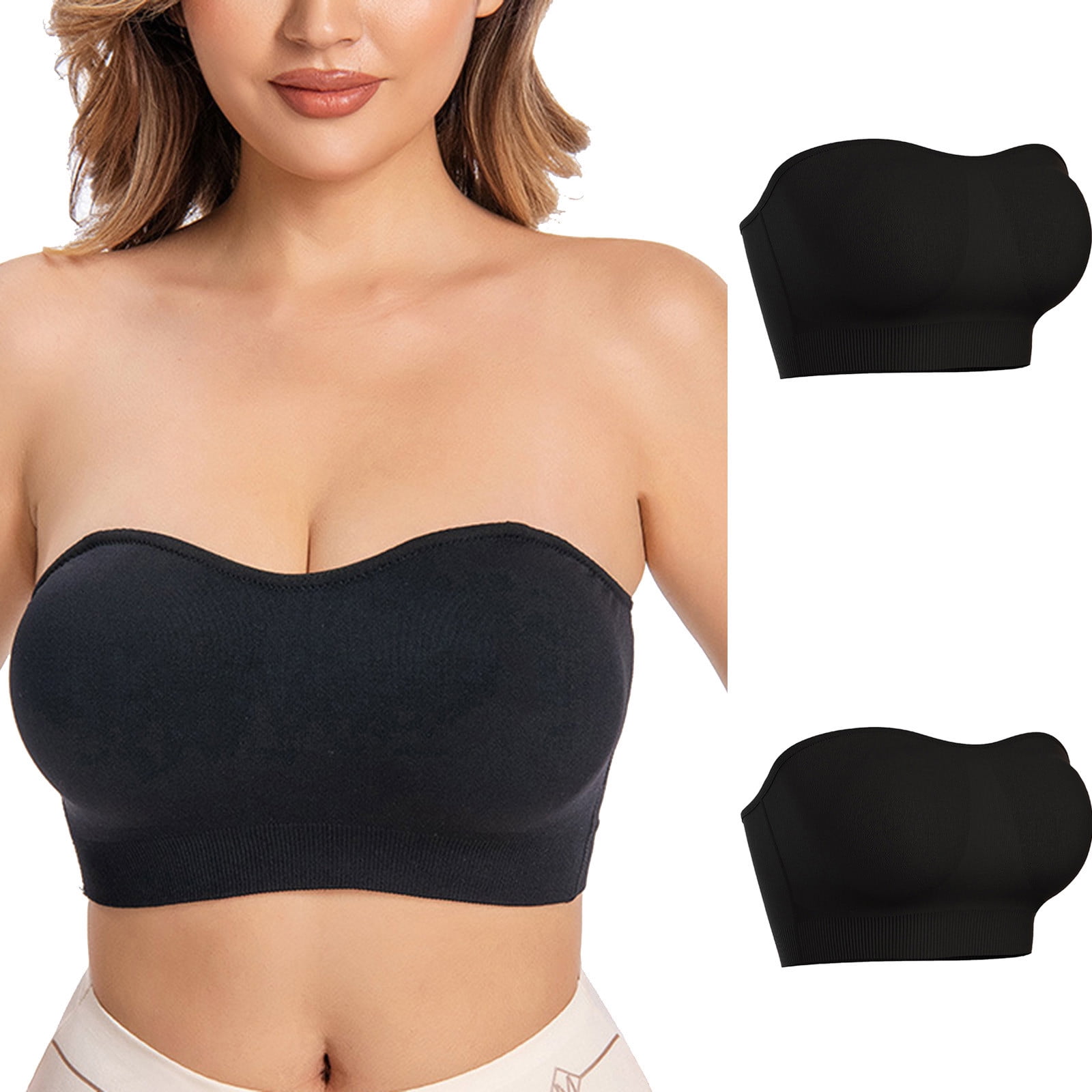 Miqool 2 Pack Strapless Bras for Women Removable Padded Seamless Wireless Push Up Bandeau Bras Comfort Lightly Lined Stretchy Non Slip Tube Top Bralettes Walmart