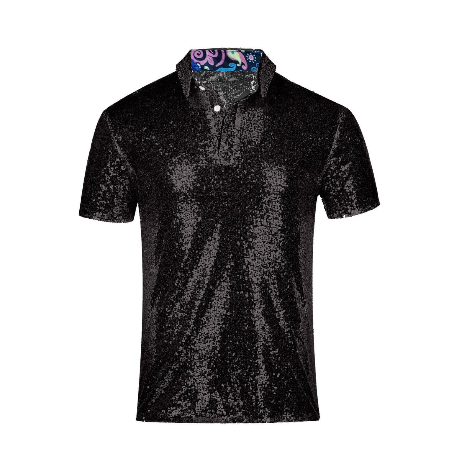 Miqool Men's 70s Disco Sparkly Sequins Dress Shirt Short Sleeve ...