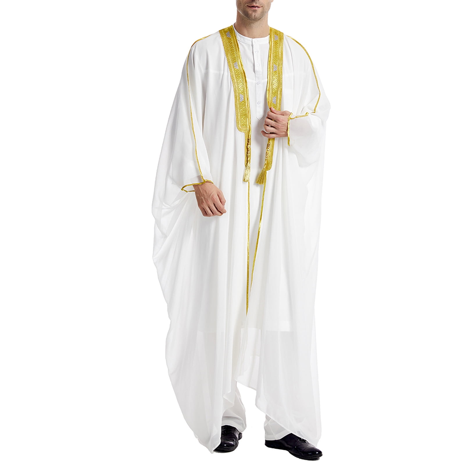 Miqool Men's Kaftan Robe Long Sleeve Embroidered Chiffon Muslim Robe ...