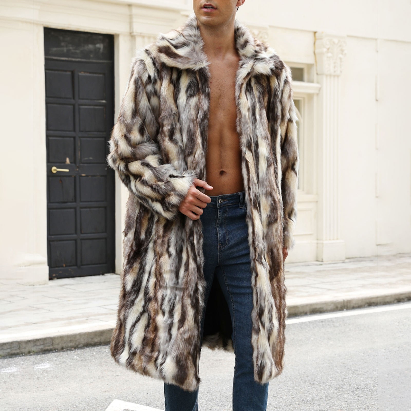 Miqool Men's Trendy Coat Warm Winter Fuzzy Shearling Long Overcoat Turn ...