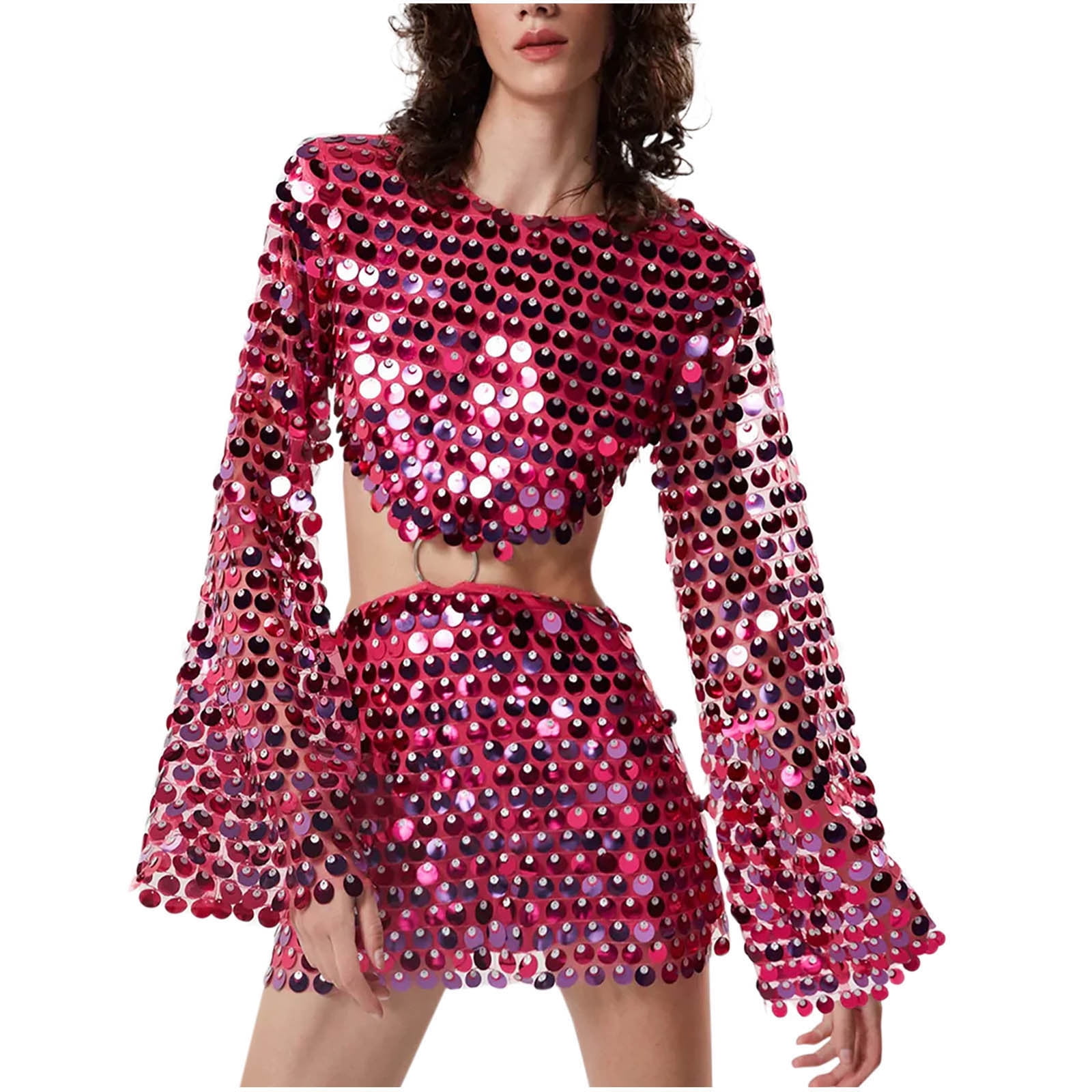 Miqool Women's 2 Piece Rave Outfits Sparkly Sequin Long Sleeve Crewneck ...