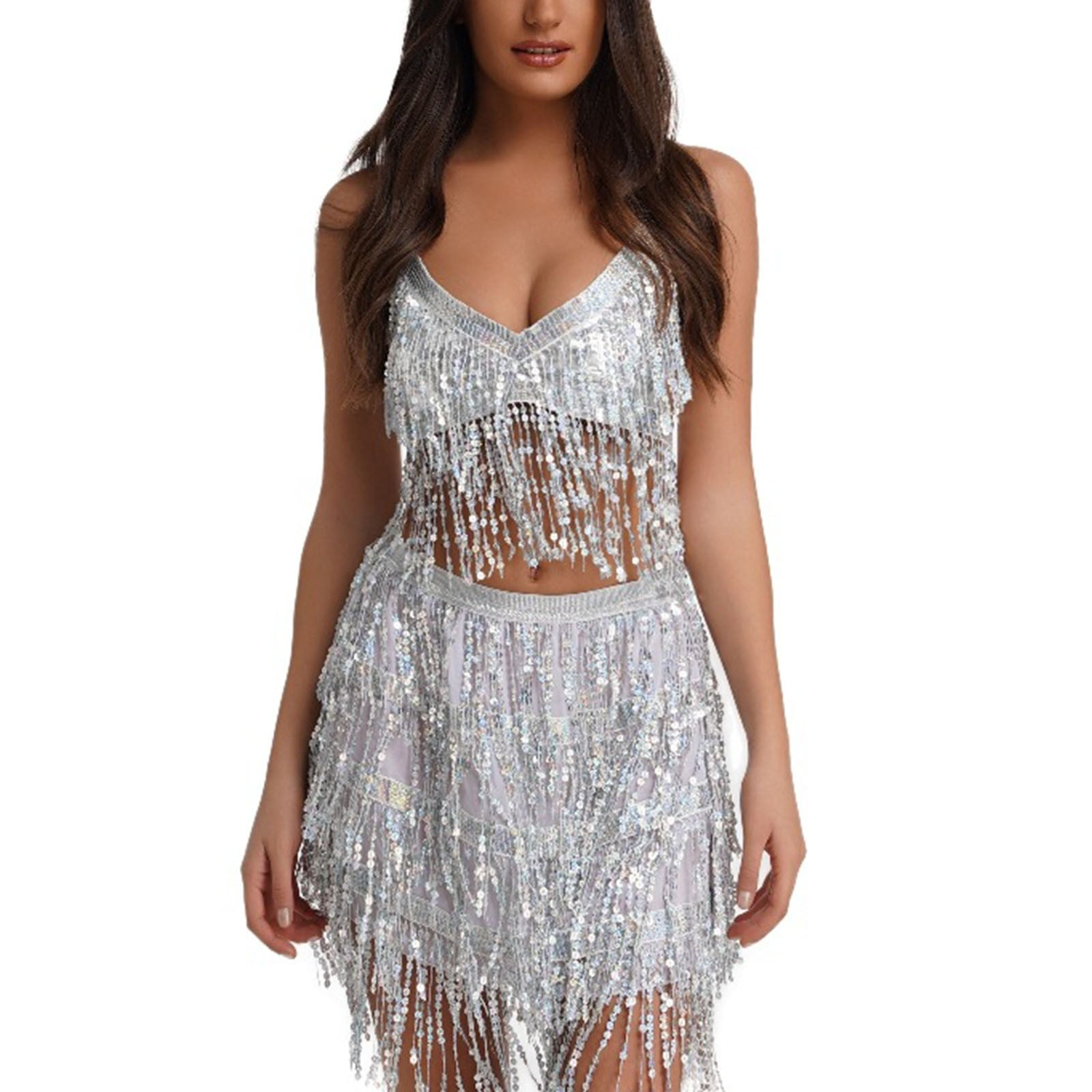 Miqool Women's 2 Piece Sparkly Sequin Set Sexy Bra Crop Top and Belly Dance Hip Scarf Tassel ...