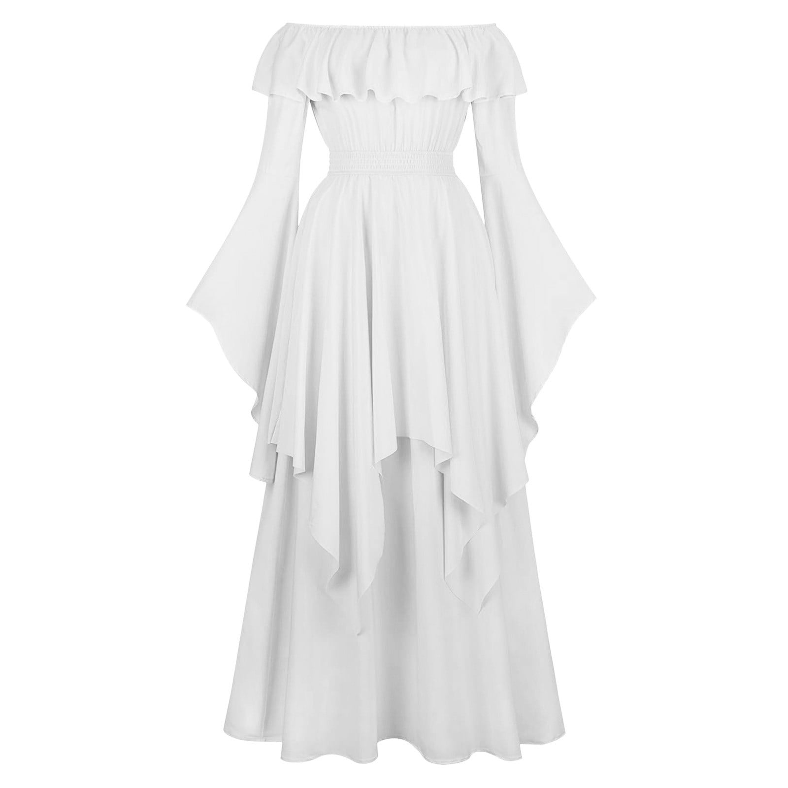 Miqool Women's Off Shoulder Ruffle Retro Maxi Dress Flared Sleeve ...