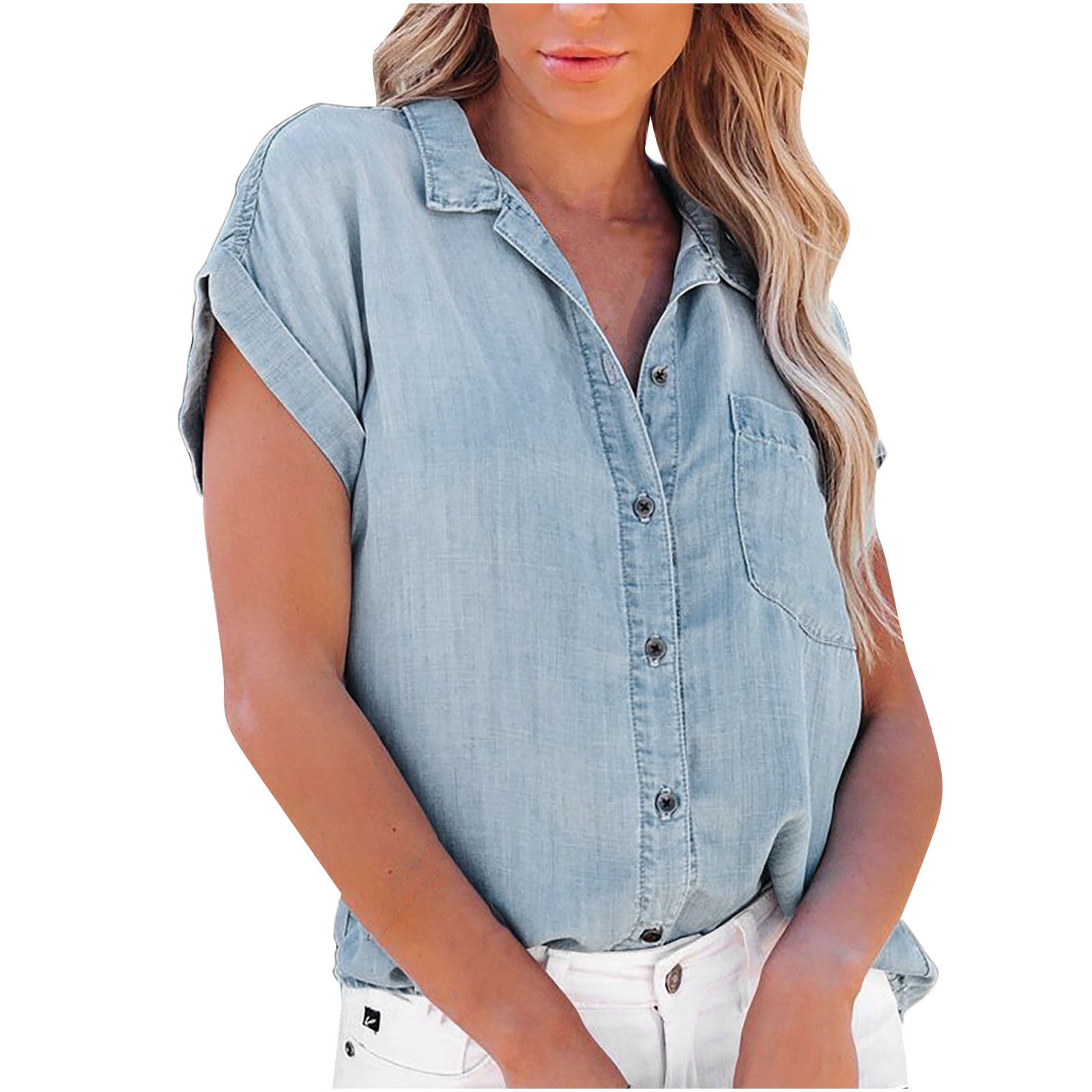Miqool Women's Short Sleeve Imitation Denim Shirt Summer Casual Loose ...