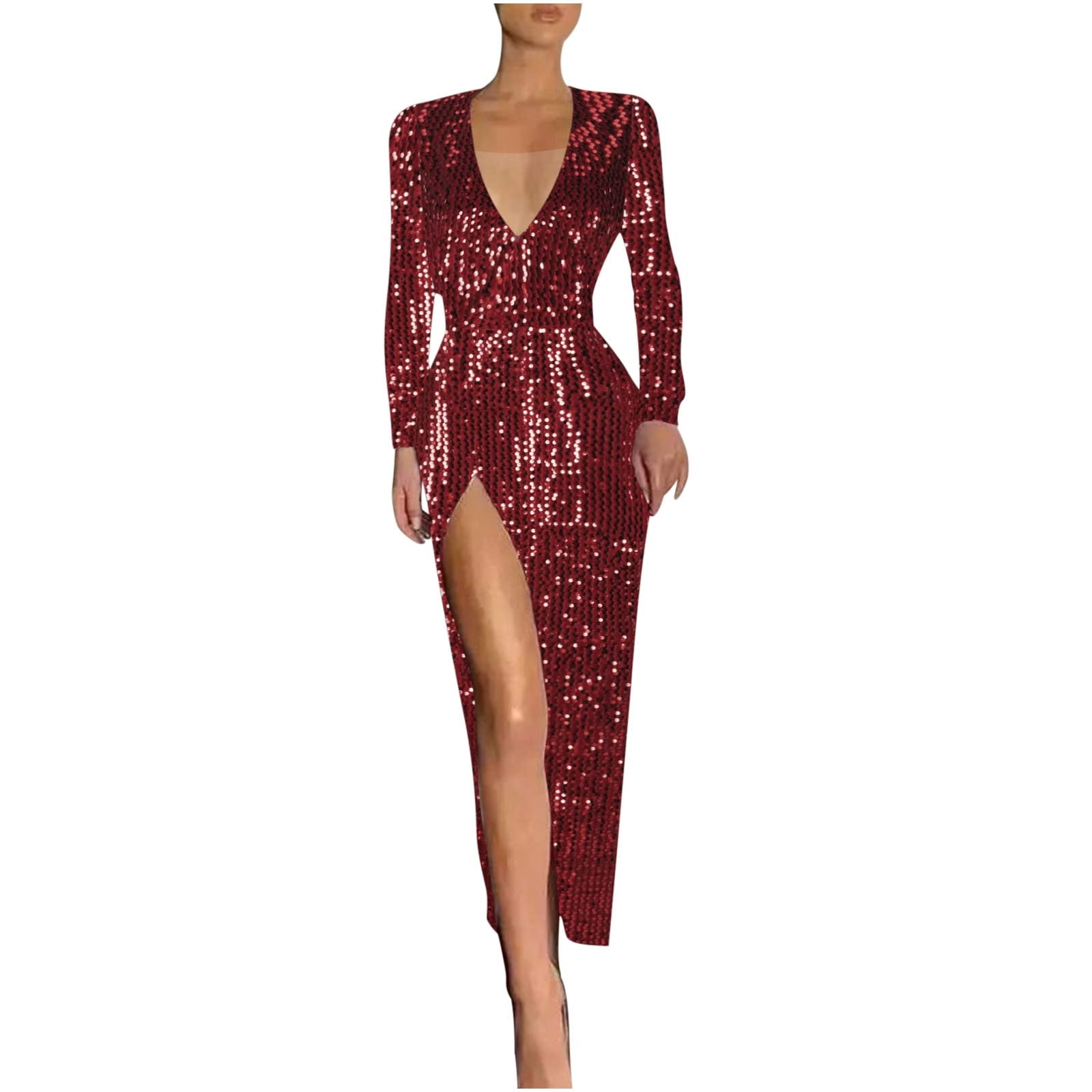 Miqool Women's Sparkly Sequin Dresses with High Slit Sexy Deep V Neck ...