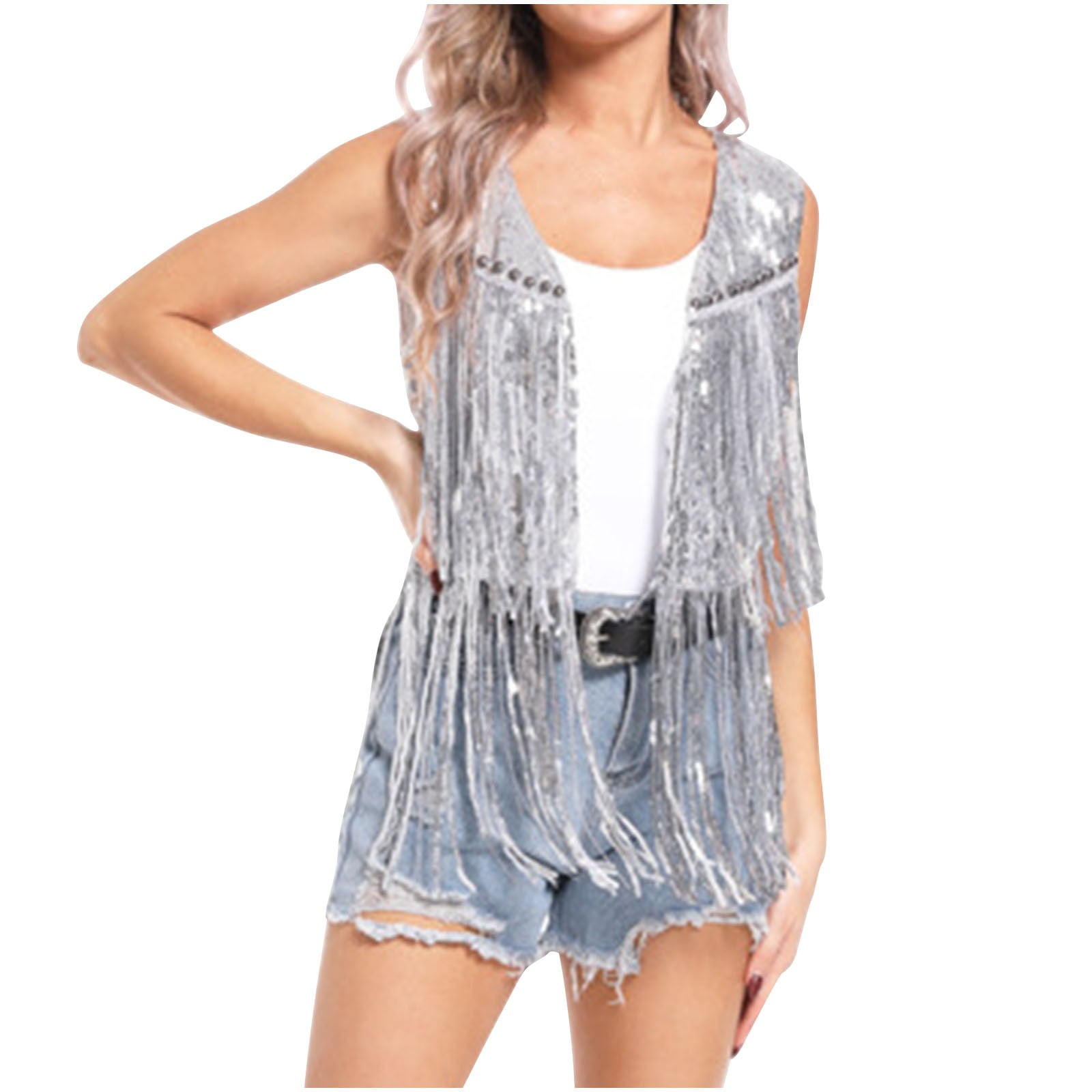 Miqool Women's Sparkly Sequin Vest with Tassel Sleeveless Open Front ...