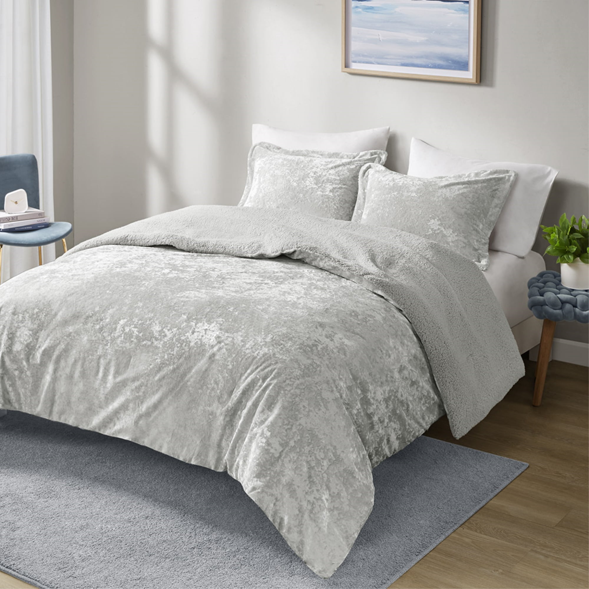 Mira Crushed Velvet Sherpa Reversible Comforter Set in Silver - 100% ...