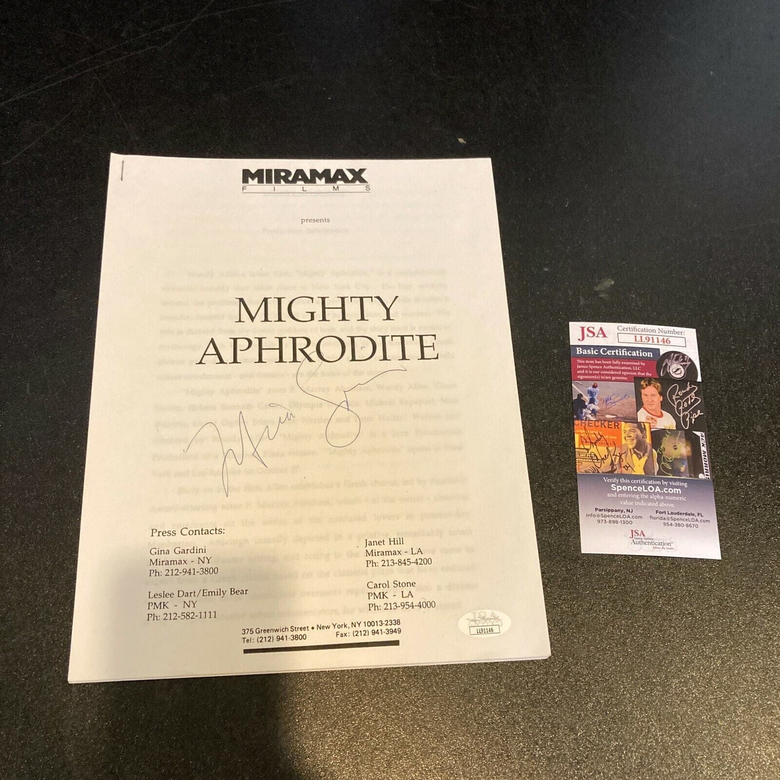 Mira Sorvino Signed Mighty Aphrodite Movie Script JSA COA - Walmart.com