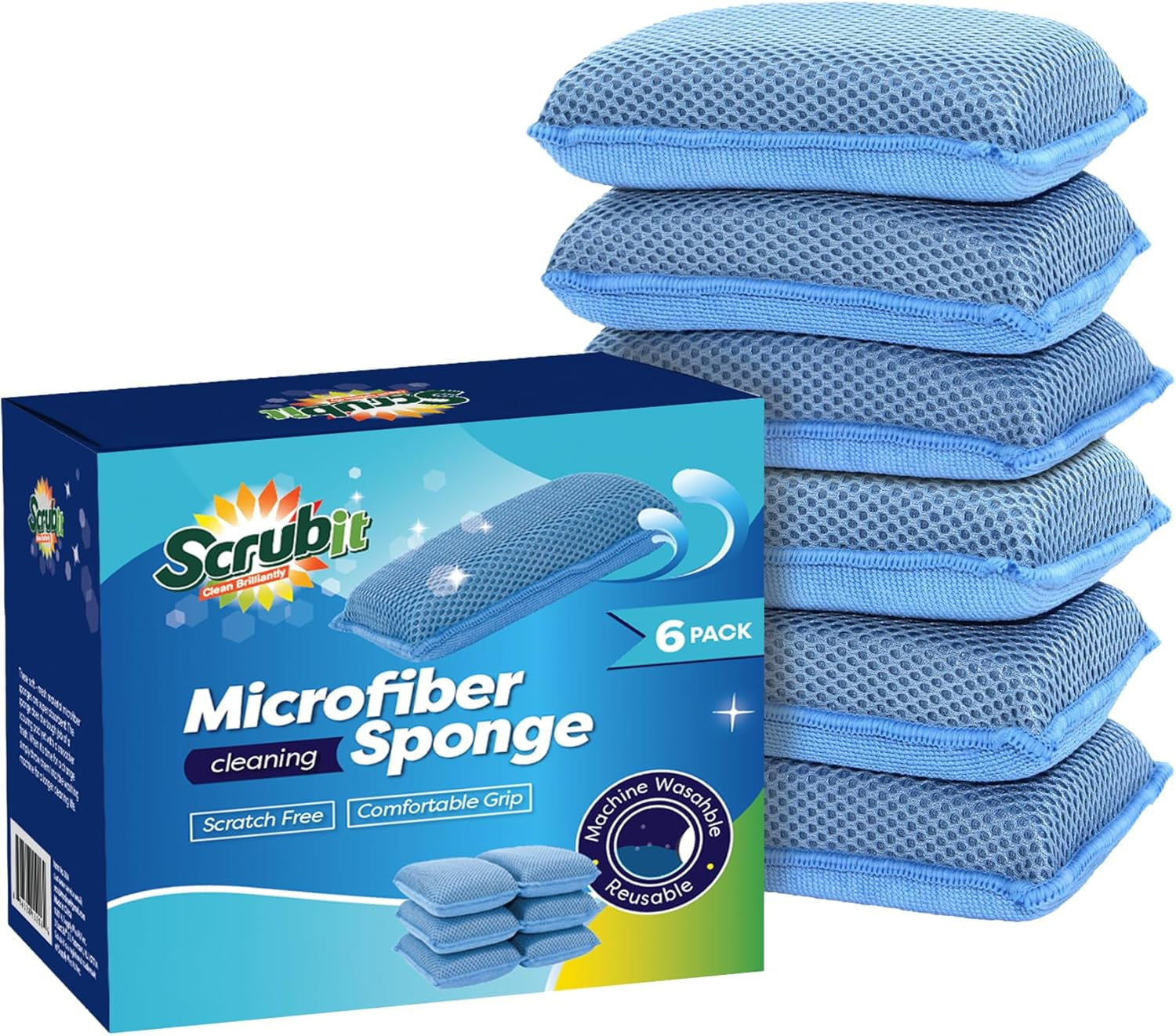 Miracle Microfiber Kitchen Sponge by Scrub-It (6 Pack) - Non-Scratch ...