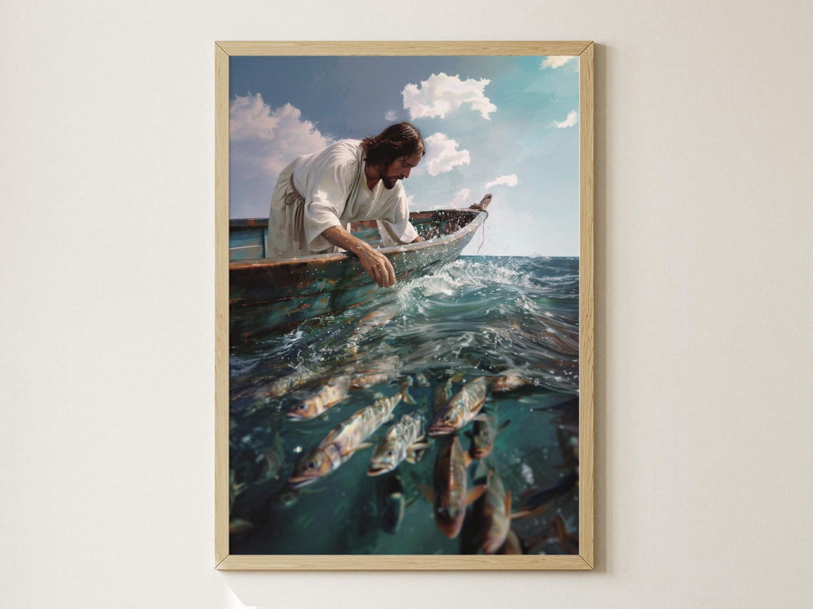 The Miraculous Catch Of Fish, Digital Christian Artwork, Bible Verse ...