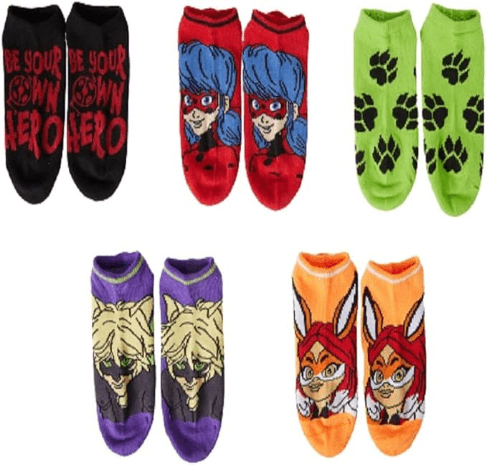 Miraculous Ladybug Girls' No Show Socks 5-Pack – Cat Noir & Friends ...