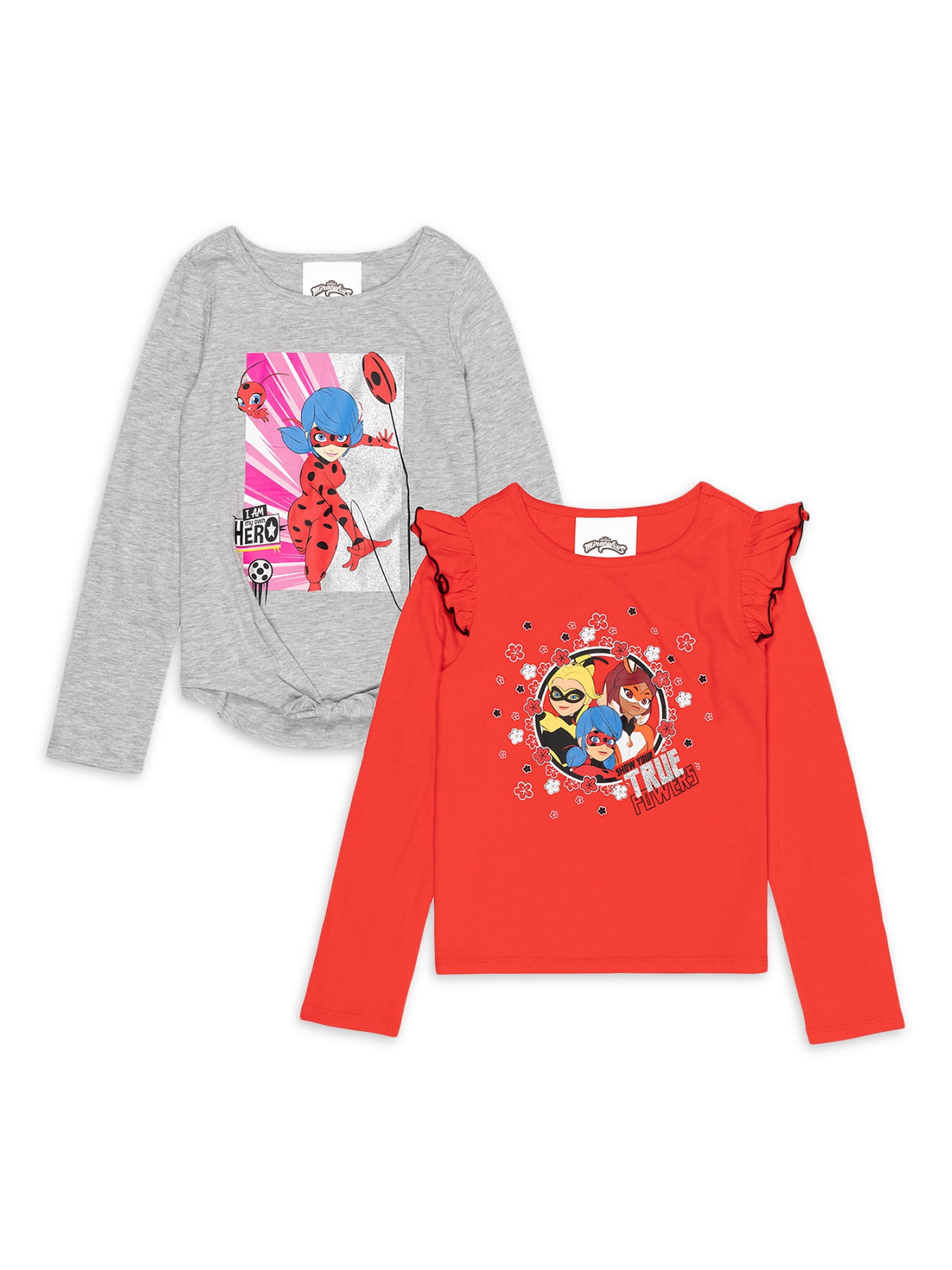 Miraculous Ladybug Girls Tie-Front and Ruffle Long Sleeve Graphic T ...