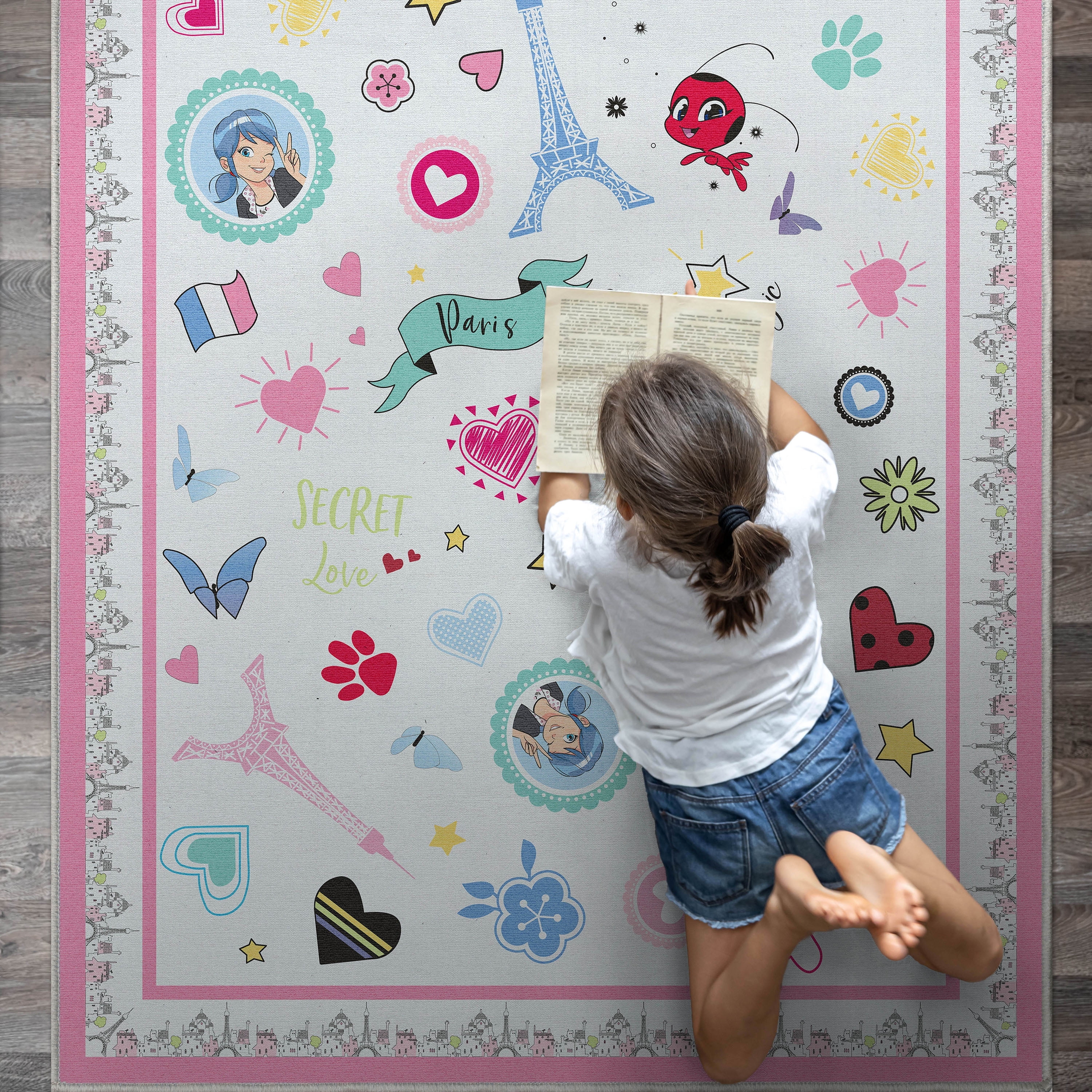 Miraculous Ladybug Paris Border 5' x 7' Ivory Multi Area Rug by Well ...