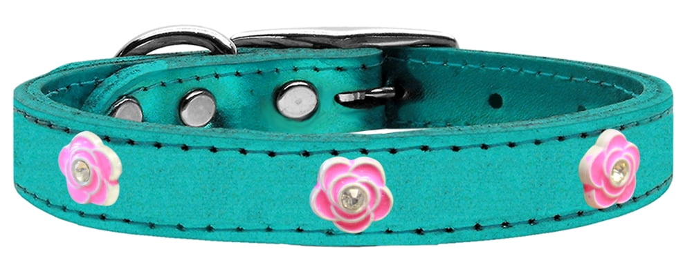 Bright Pink Rose Widget Genuine Metallic Leather Dog Collar Turquoise ...
