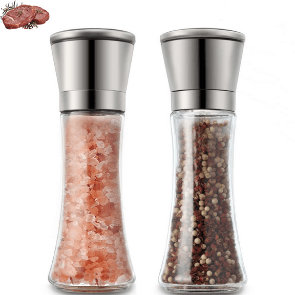 Salt and Pepper Grinder Set of 2, Stainless Steel & Glass Salt Grinder ...