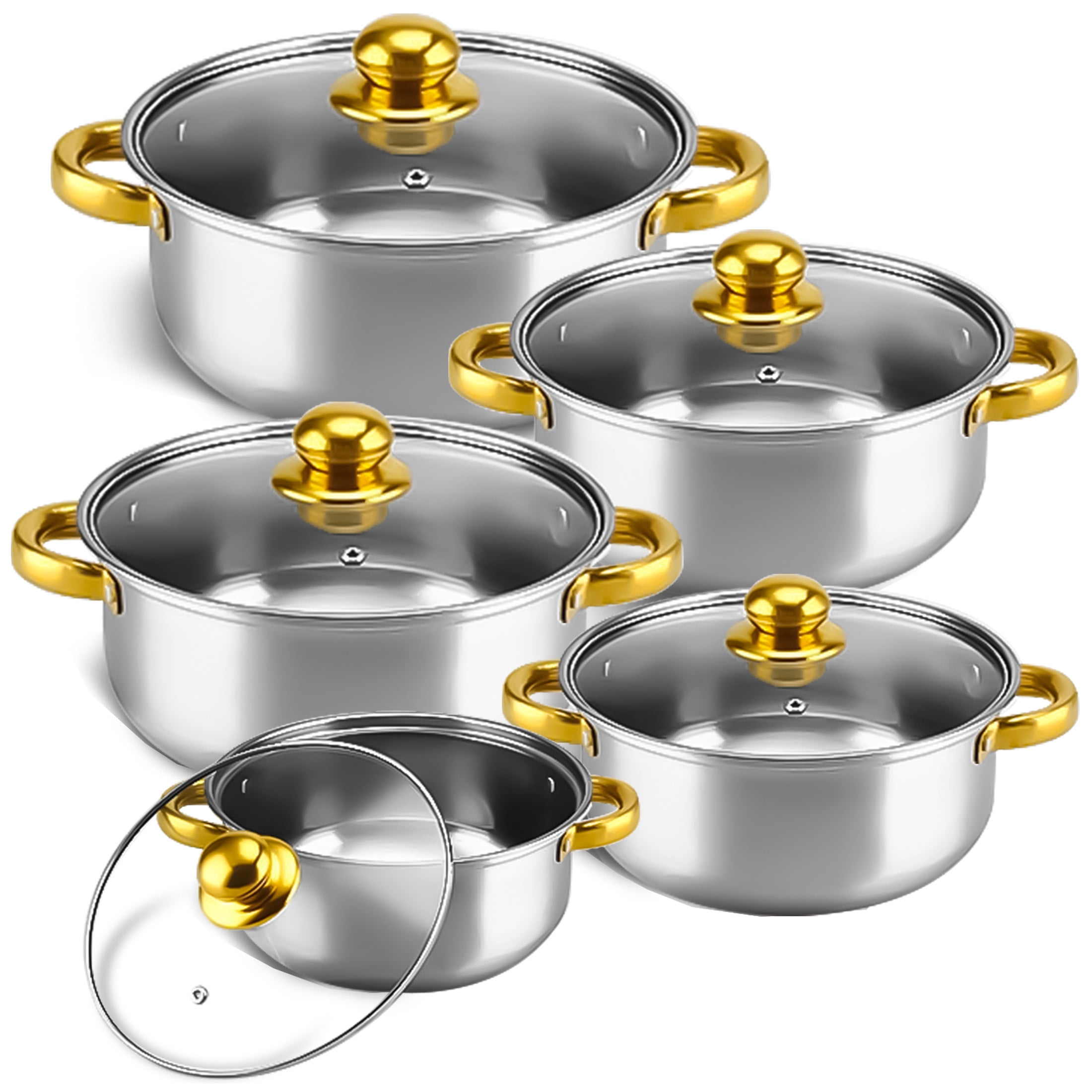 Mirdinner Stainless Steel Pots Set, 10-Piece Kitchen Cookware Set with ...