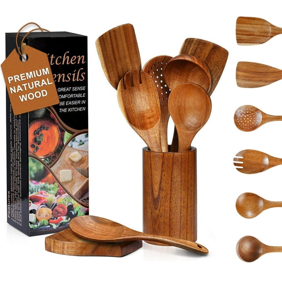 10pcs Premium Natural Teak Wooden Kitchen Utensil Set with Comfort Grip ...