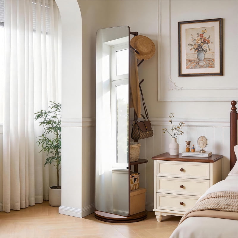 Mirightone Full Length Mirror with Coat Rack & Storage Shelves, 360 ...