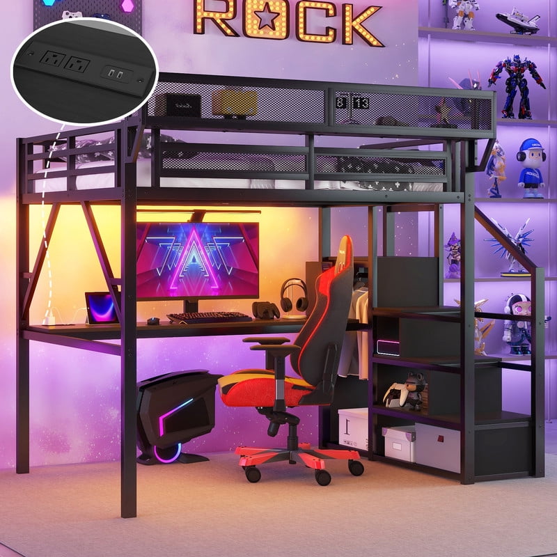Mirightone Full Loft Bed with Desk and LED Light, Metal Loft Bed with ...