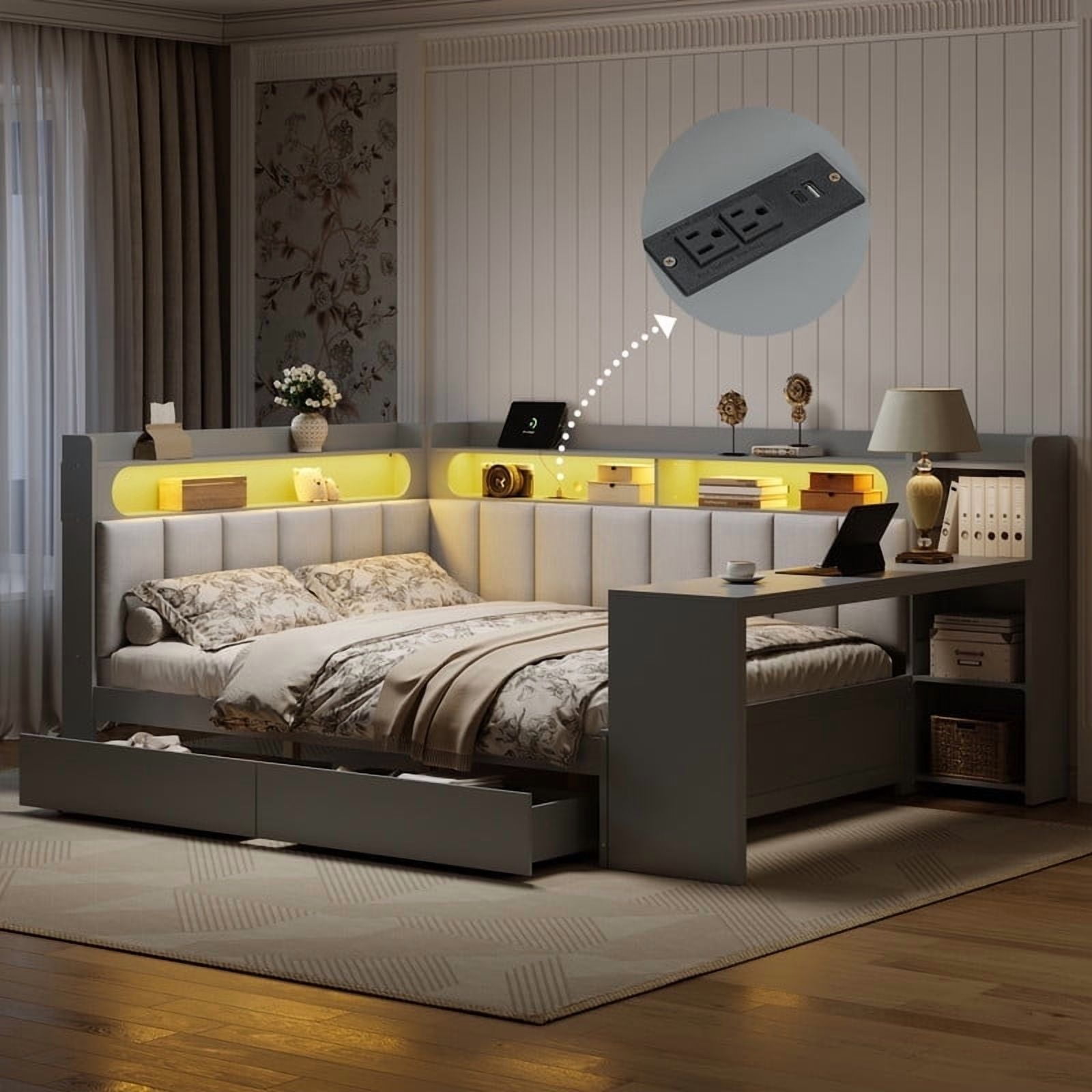 Mirightone Full Size Daybed with Storage and Desk, Wood Corner Bed with ...