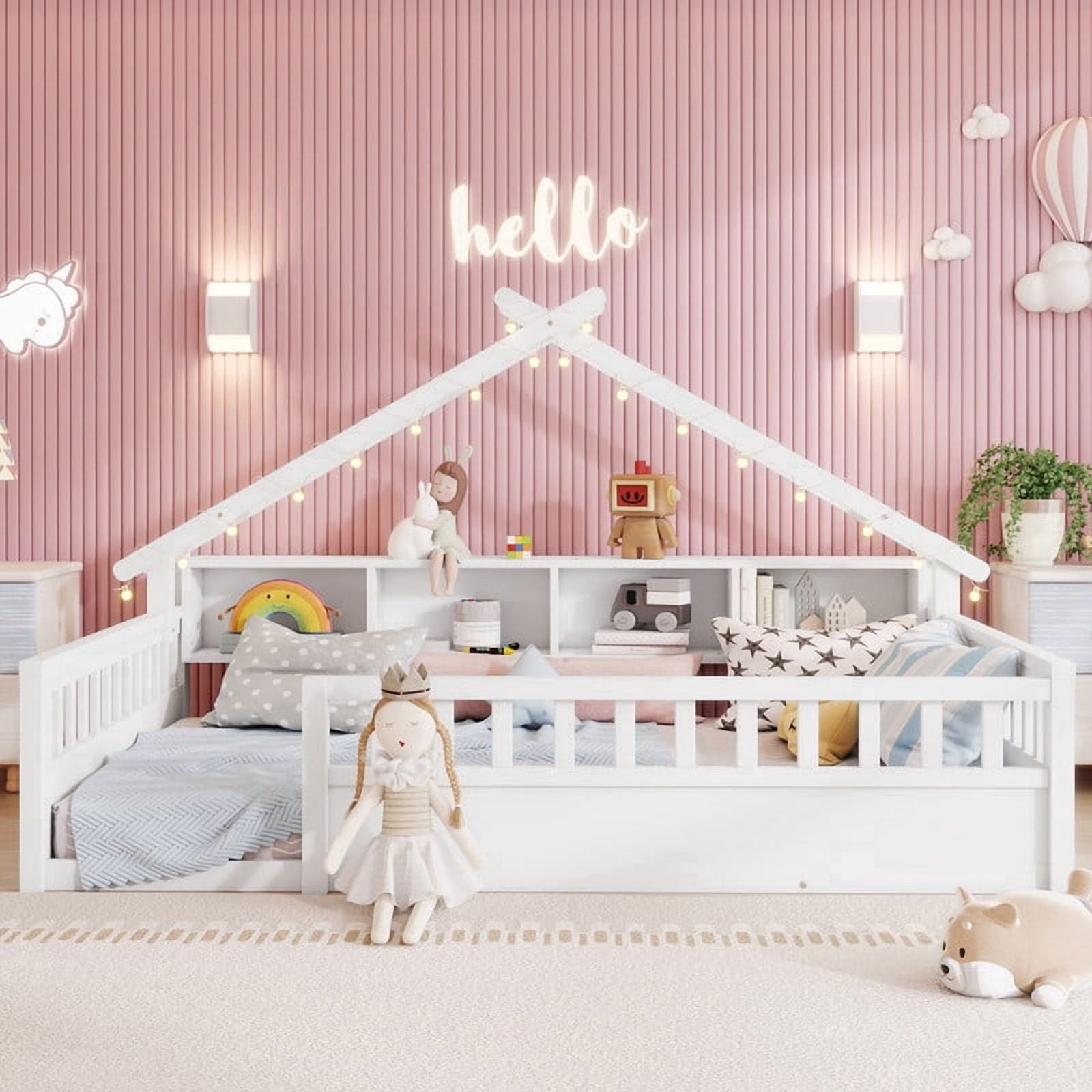 Mirightone Full Size Floor Bed with Storage Bookshelves, Wooden ...