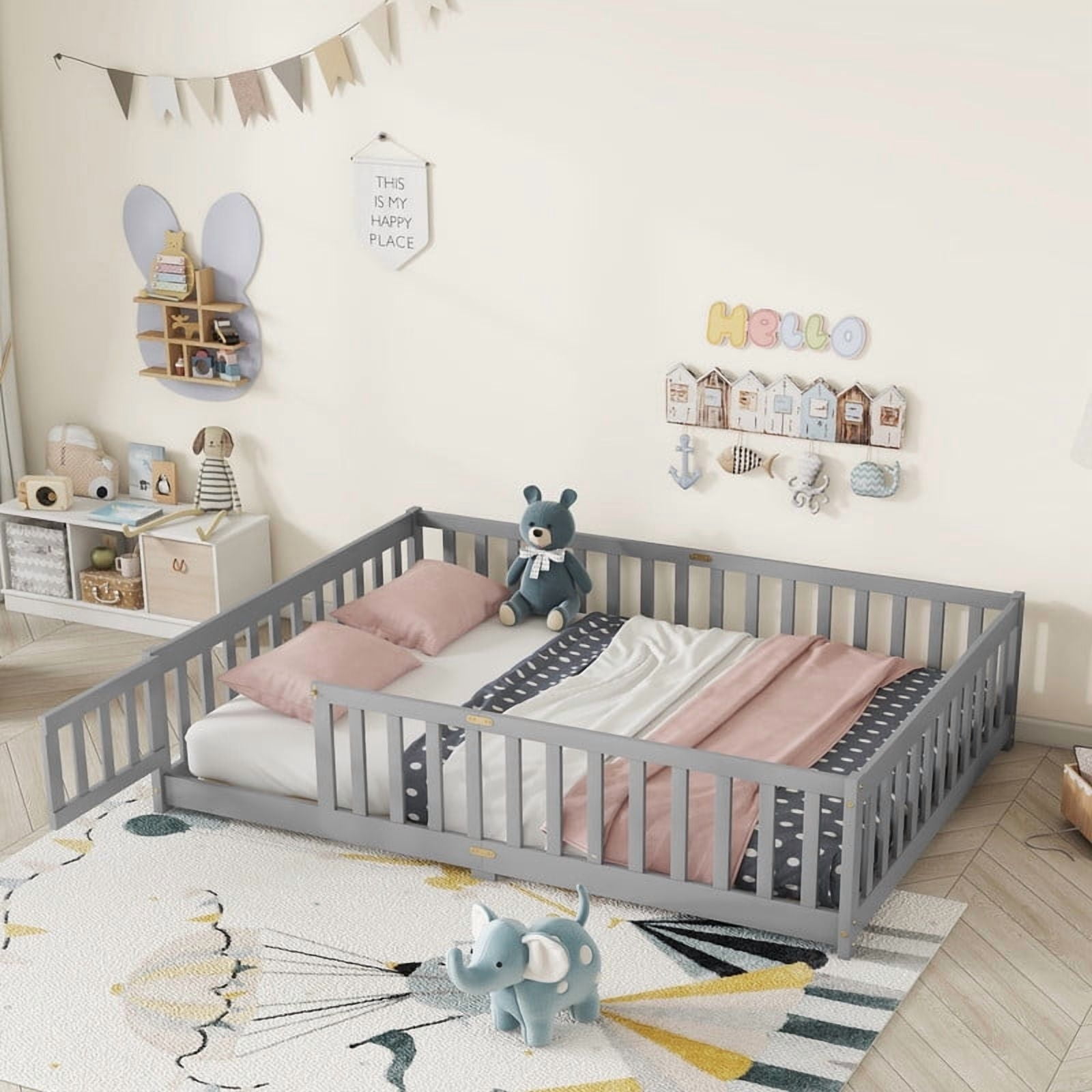 Mirightone Full Size Floor Bed, Wood Montessori Floor Beds with Fence ...
