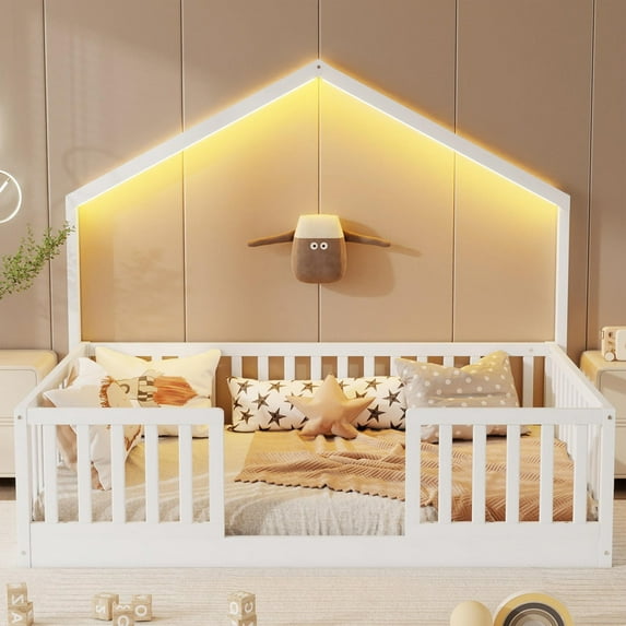 Mirightone Full Size Montessori Bed with High Rails, Wood House Beds ...