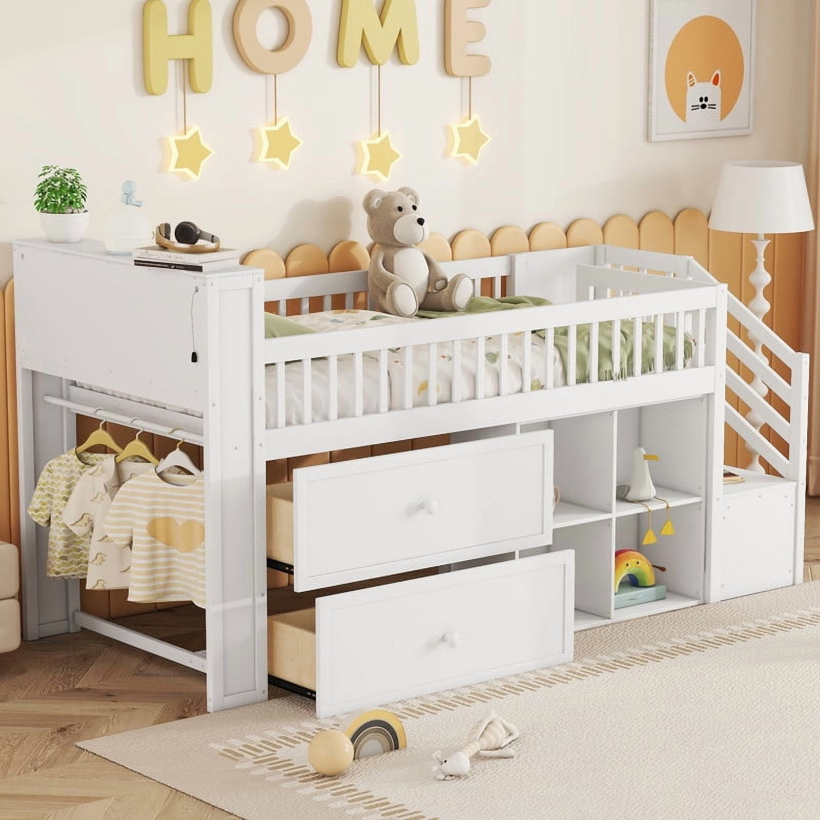 Mirightone Low Loft Bed with Stairs and LED Lights, Twin Loft Bed Frame ...