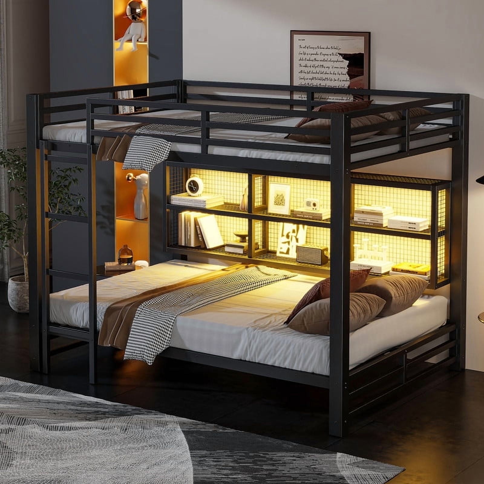 Mirightone Queen over Queen Bunk Bed with Storage Cabinets and Light ...