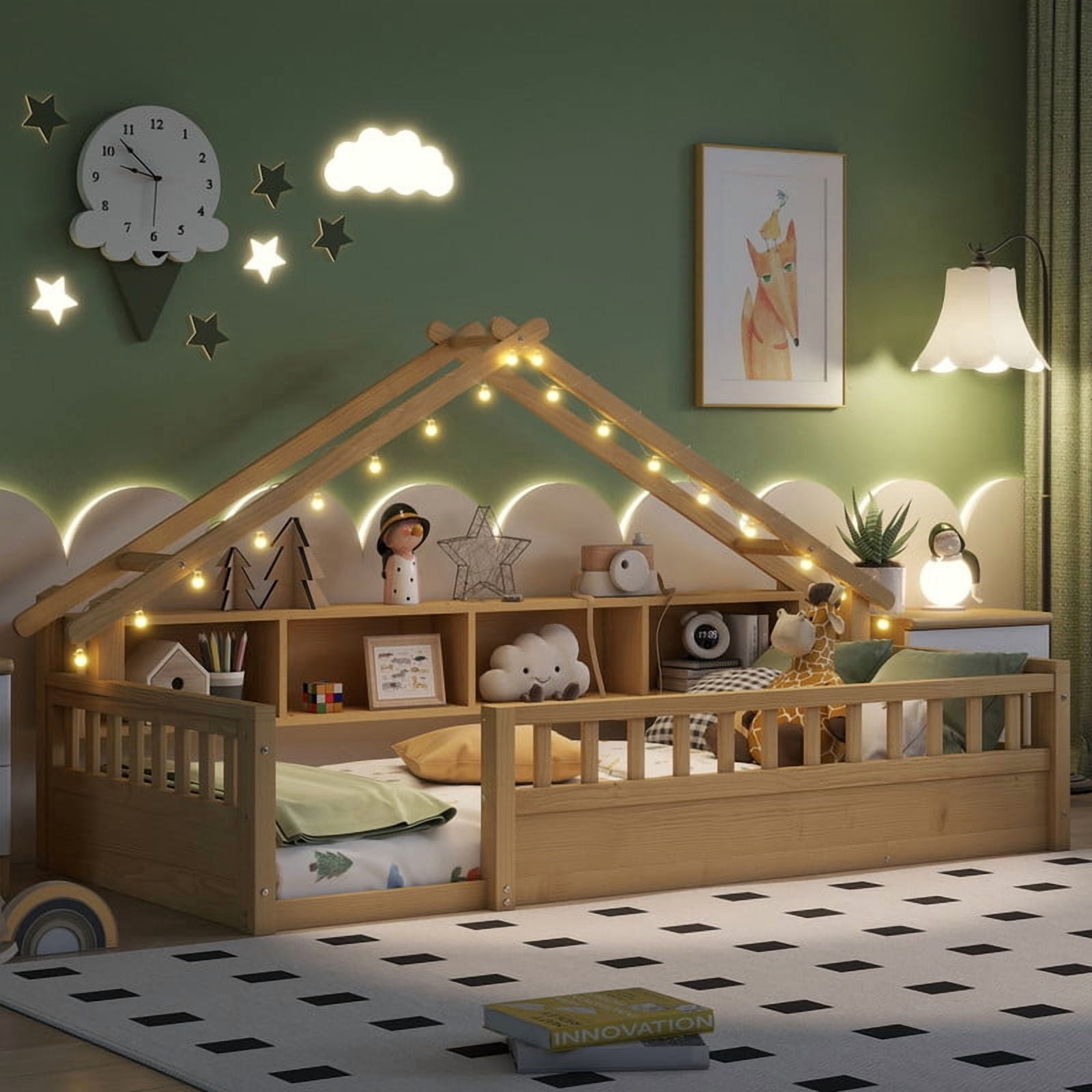 Mirightone Twin XL Size Floor Bed with High Rails, Wood Low Bed Frame ...