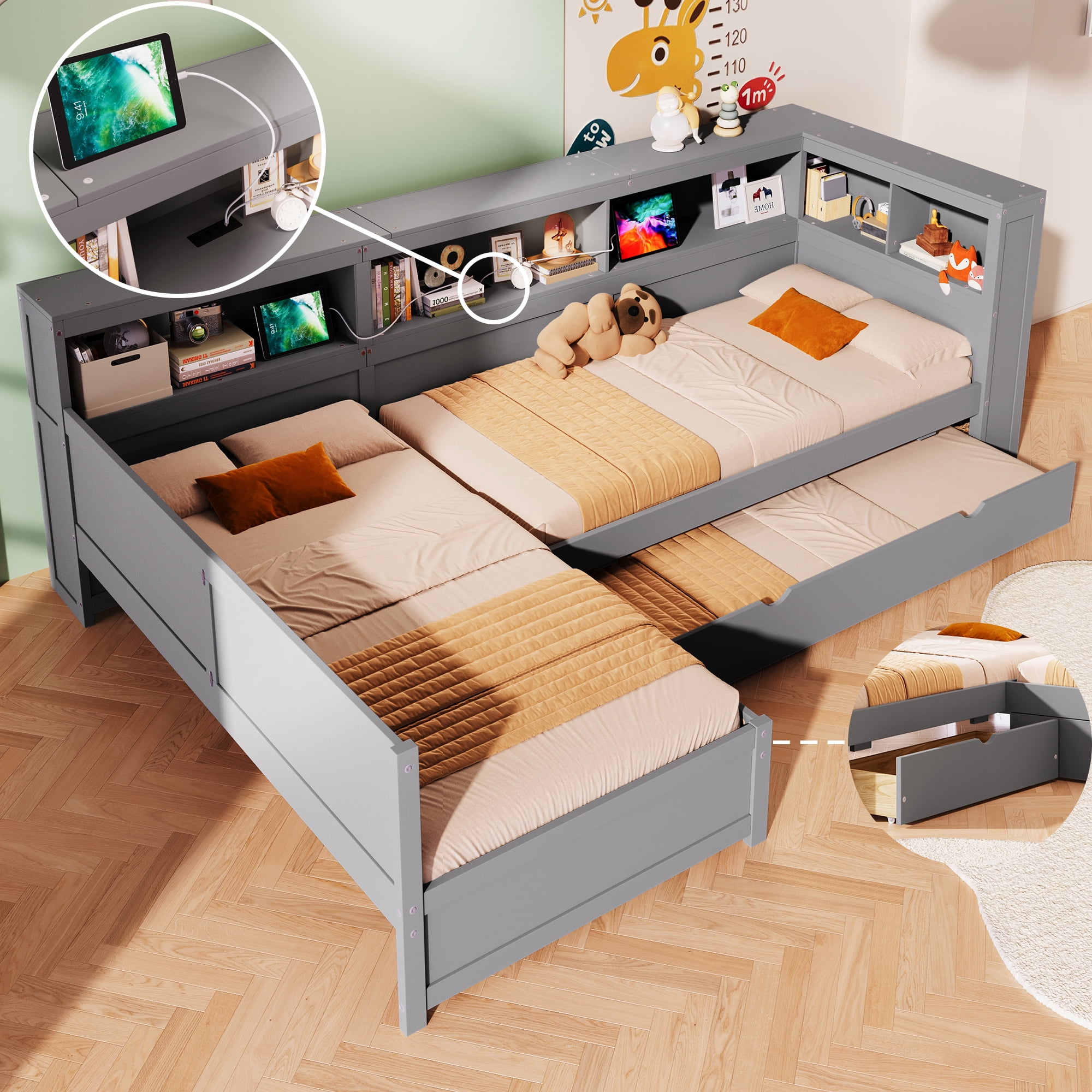 Mirightone Wood Twin L-shaped Bed with Storage, Corner Bed Frame with ...