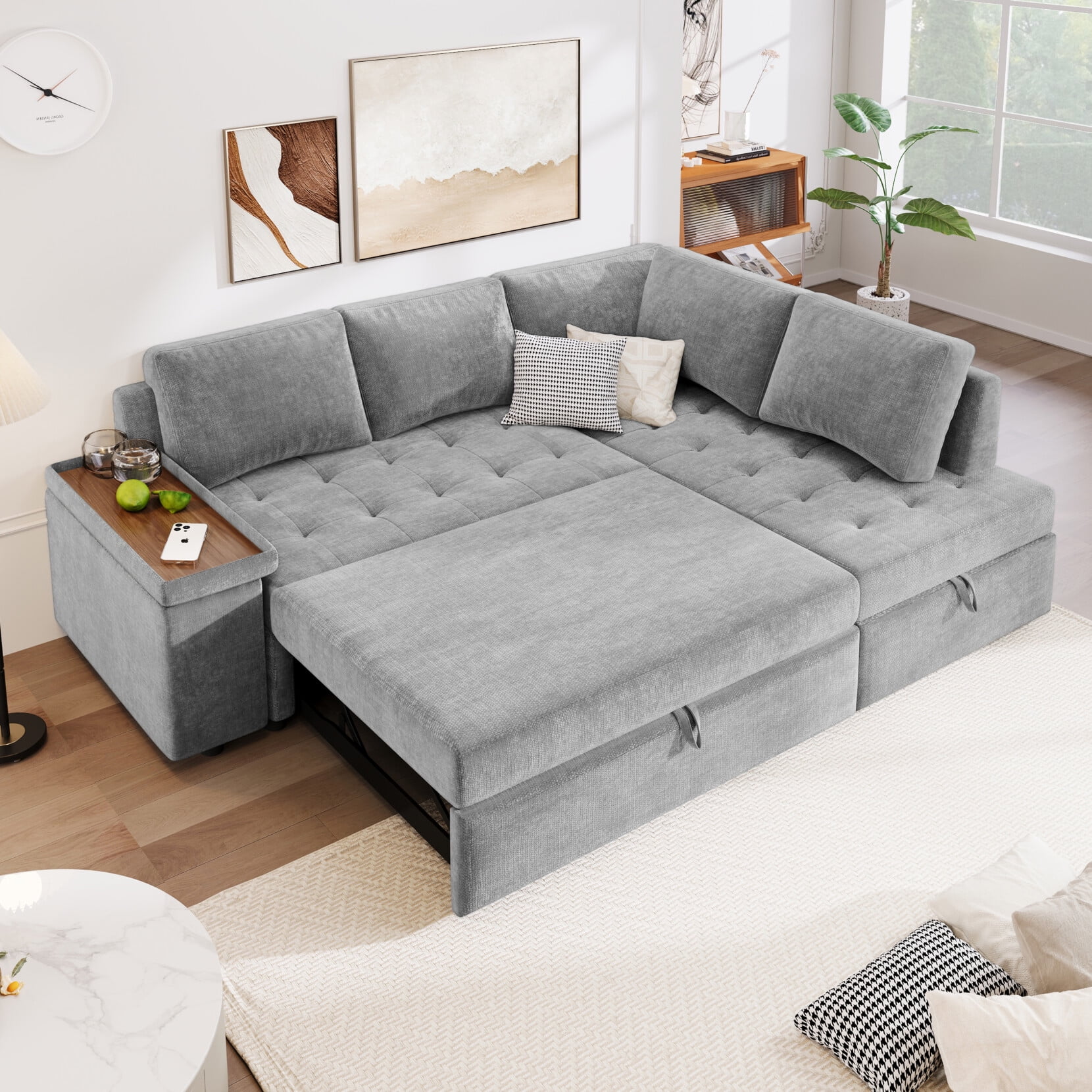 Mirod 91.5-Inch L-Shaped Sectional Sleeper Sofa with Pull-Out Bed ...
