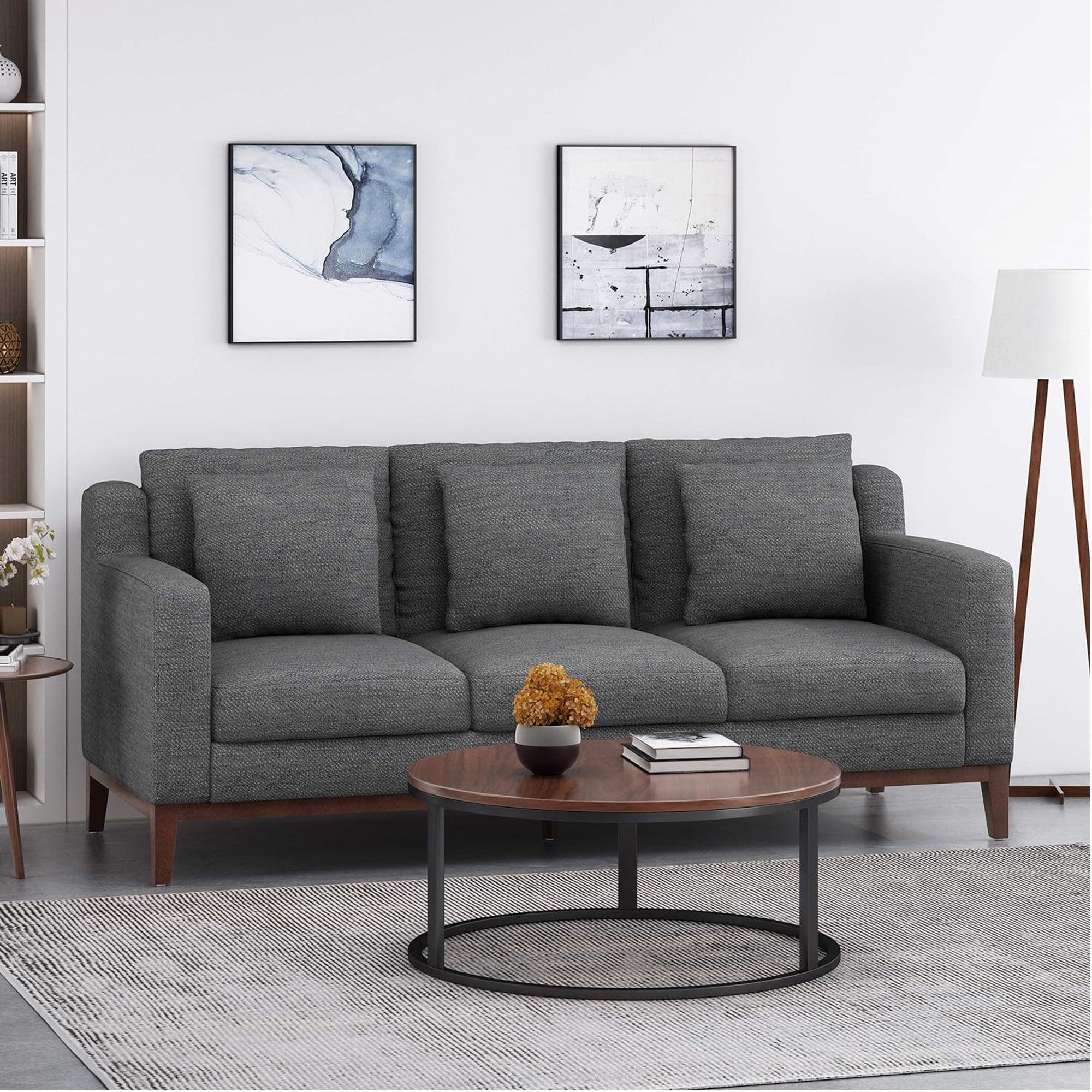 Mirod Charcoal Fabric 3-Seat Sofa with Wooden Legs - Comfortable Sofa ...