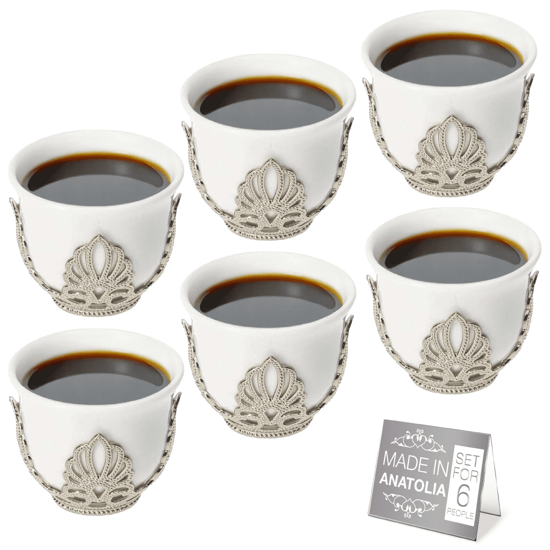 Mirra Coffee Cup Set of 6 with Removable Silver Holders | Porcelain ...