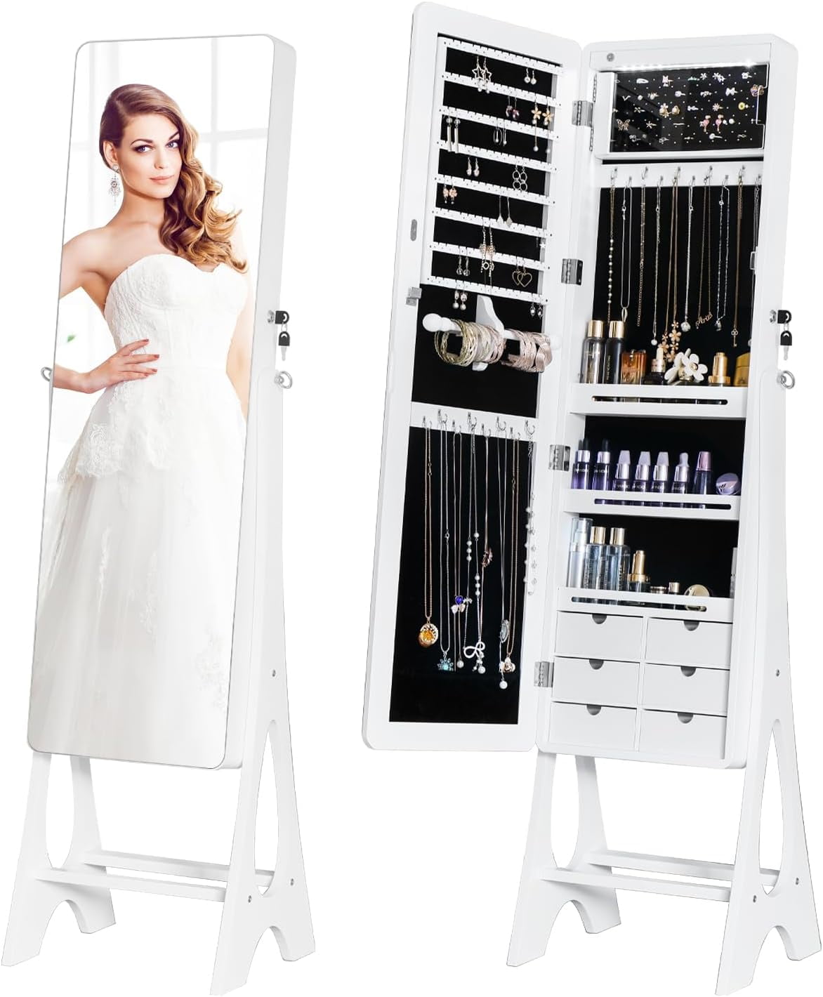 Mirror Cabinet Standing, Full Length Mirror Armoire Organizer Lockable ...
