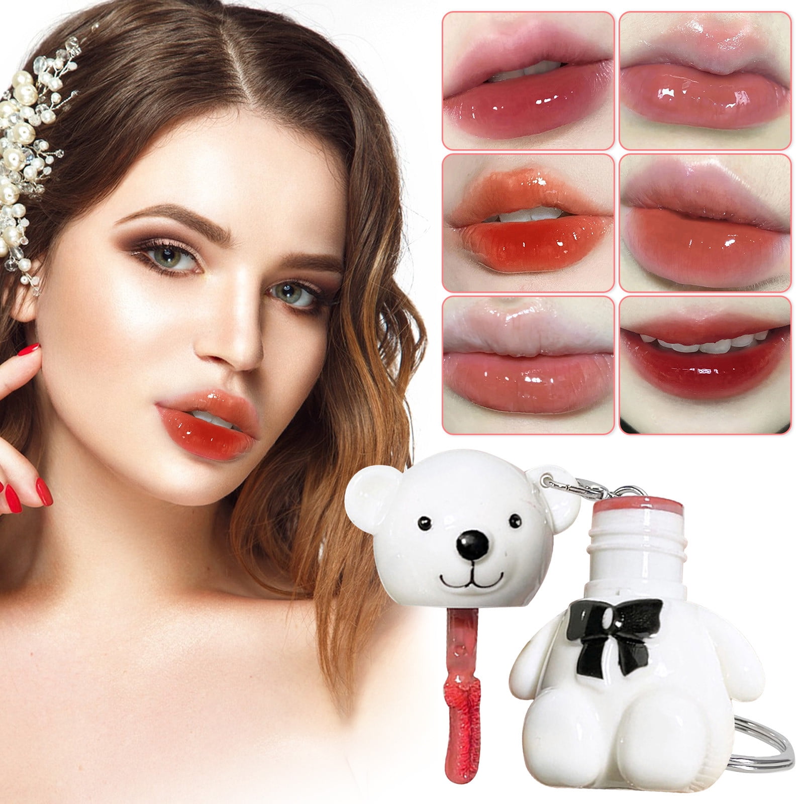 Mirror Face Lip Glaze Keychain, White Bear Design, Plain Back + Exposed Lip, Lip Color Charm ...